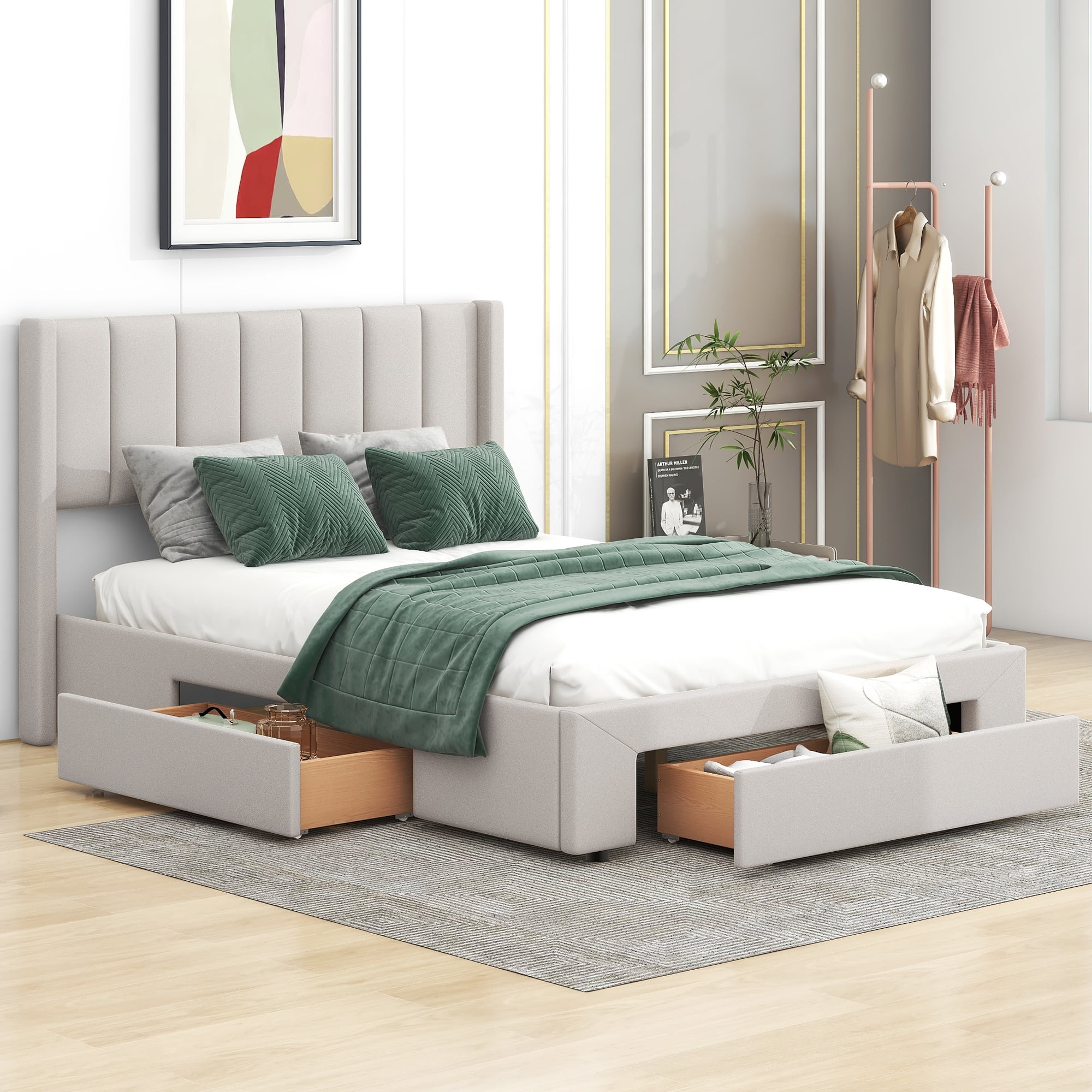Upholstered Platform Bed with One Large Drawer in the Footboard and ...