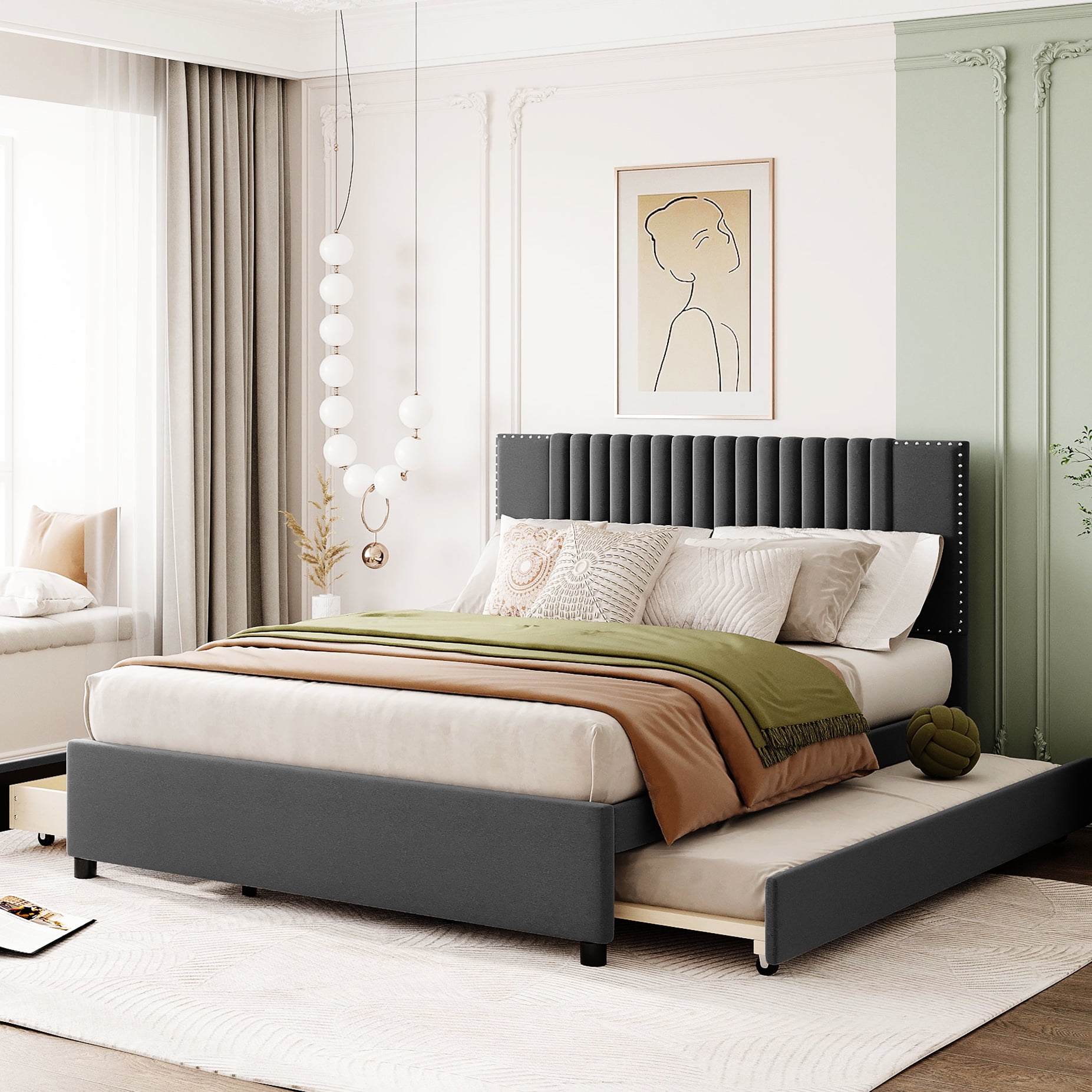 Upholstered Platform Bed Queen, Gray, 2 Drawers & Trundle, Classic ...