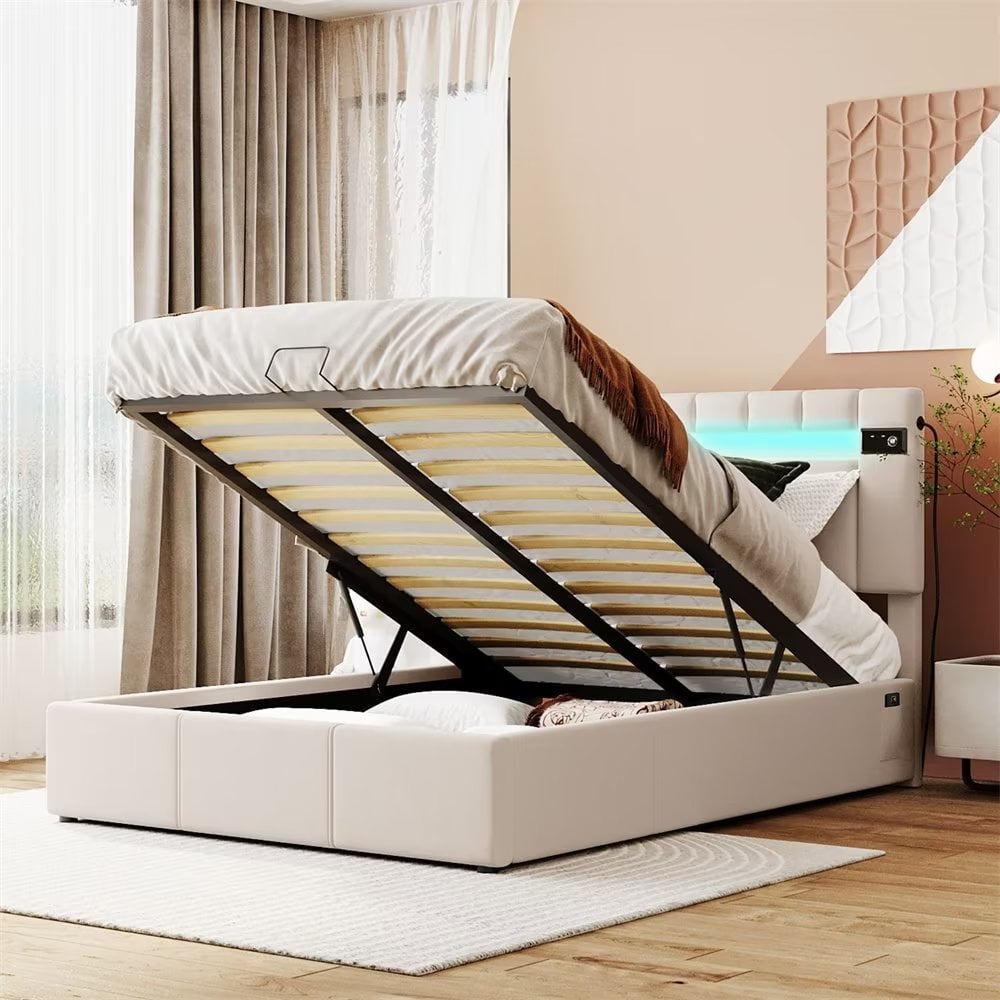 Upholstered Platform Bed, Queen Velvet Fabric Bed Frame with LED Light ...