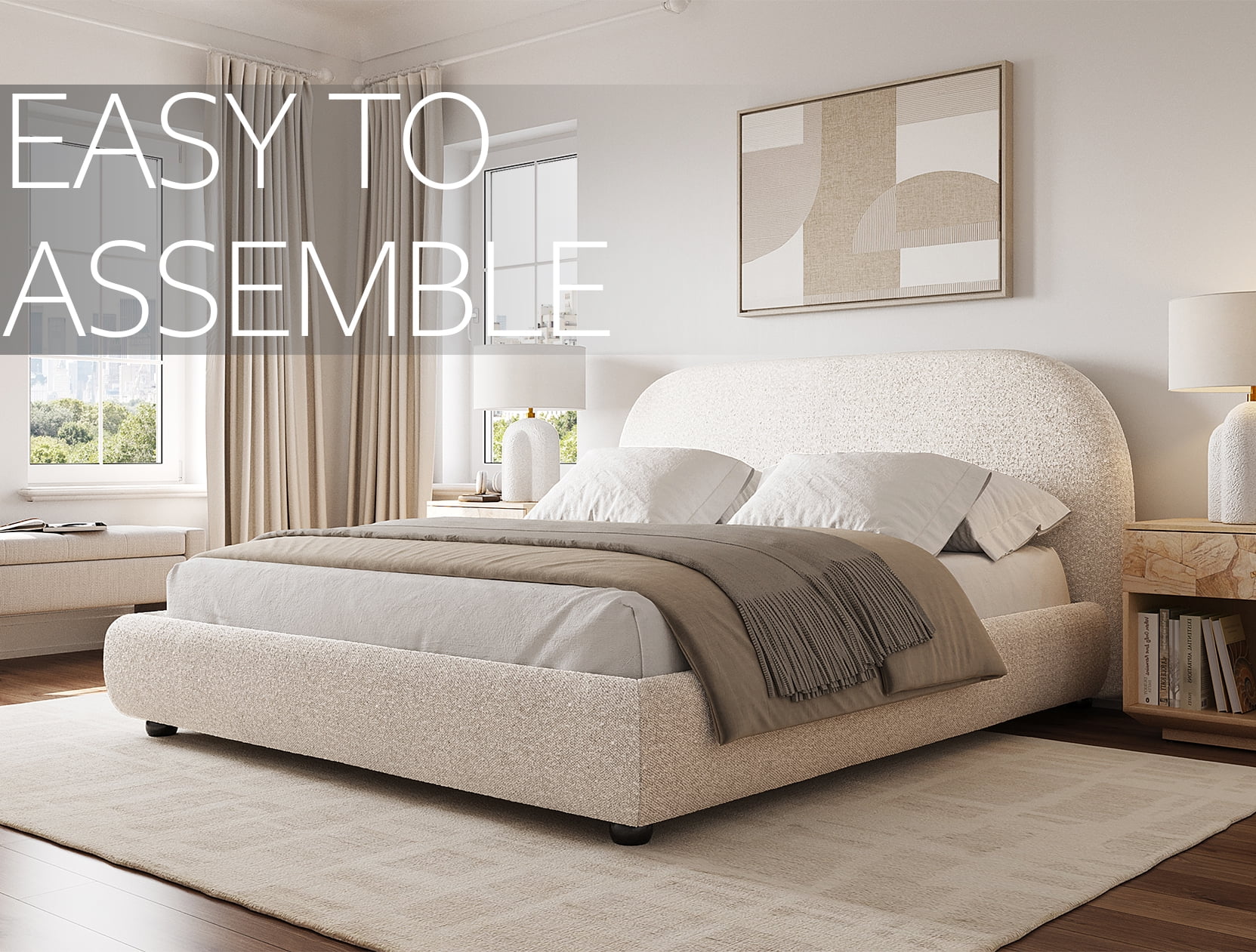 Upholstered Platform Bed with Smooth Rounded Corners, Easy to Assemble ...