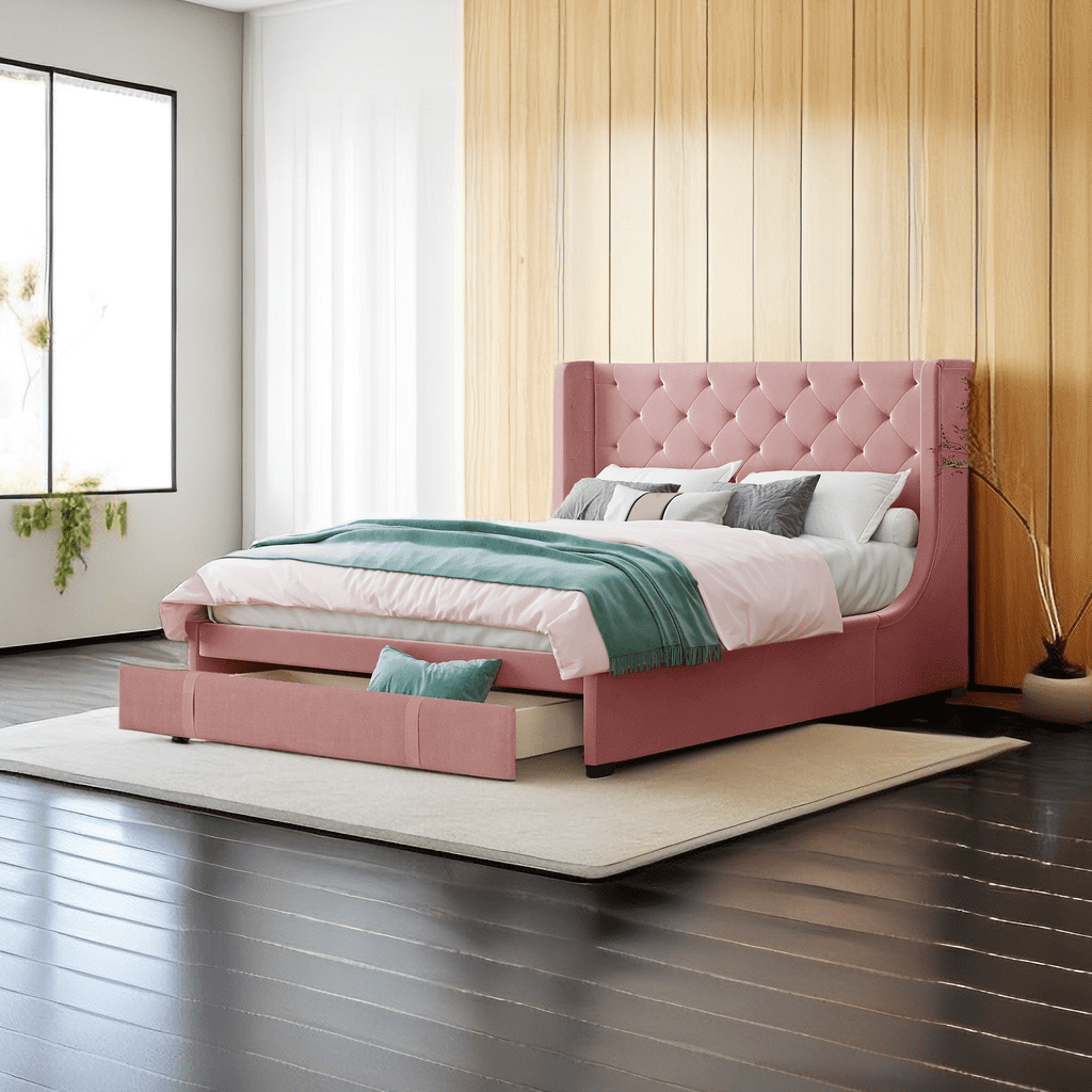 Upholstered Platform Bed with Wingback Headboard and 1 Big Storage ...