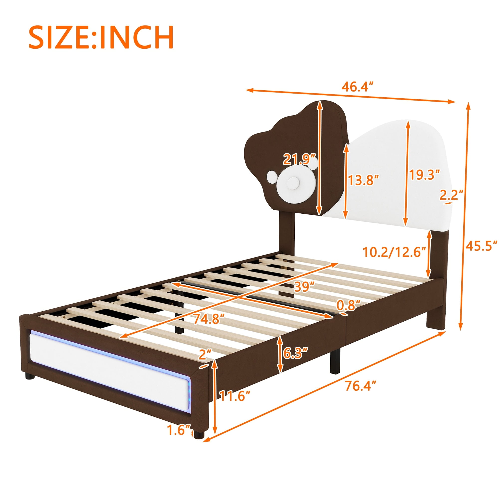Upholstered Platform Bed With Bear Shaped Headboard, Led Light Strips ...