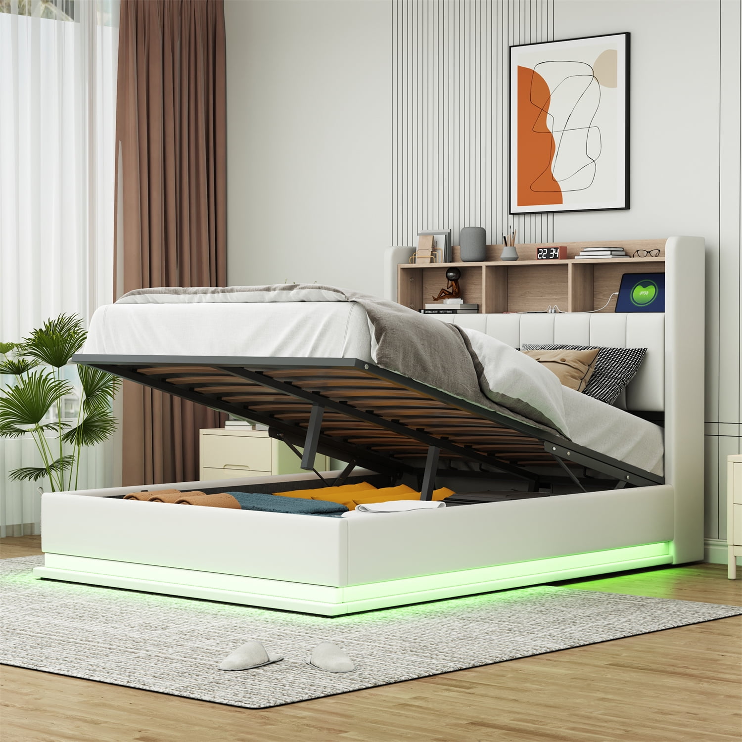 Upholstered Platform Bed with Storage Headboard and Hydraulic Storage ...