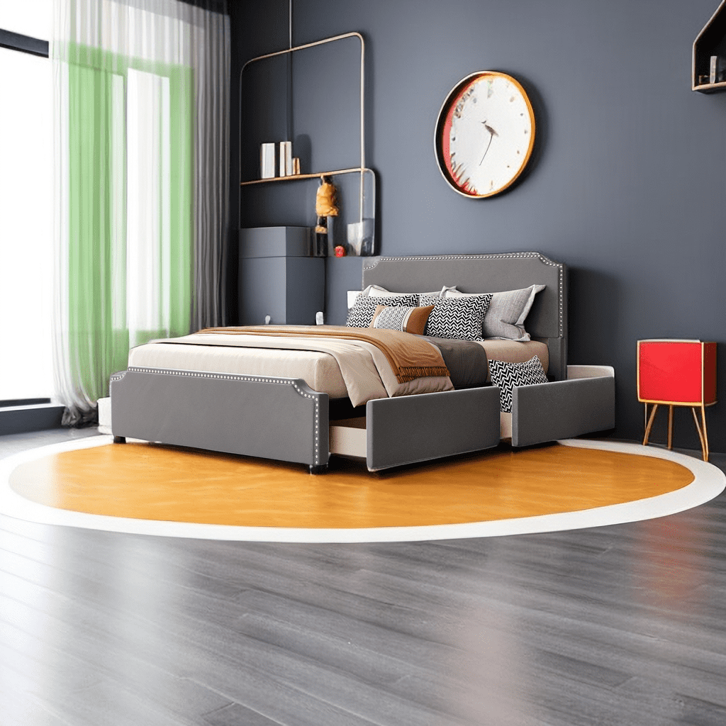Upholstered Platform Bed with Stud Trim Headboard and Footboard and 4 ...