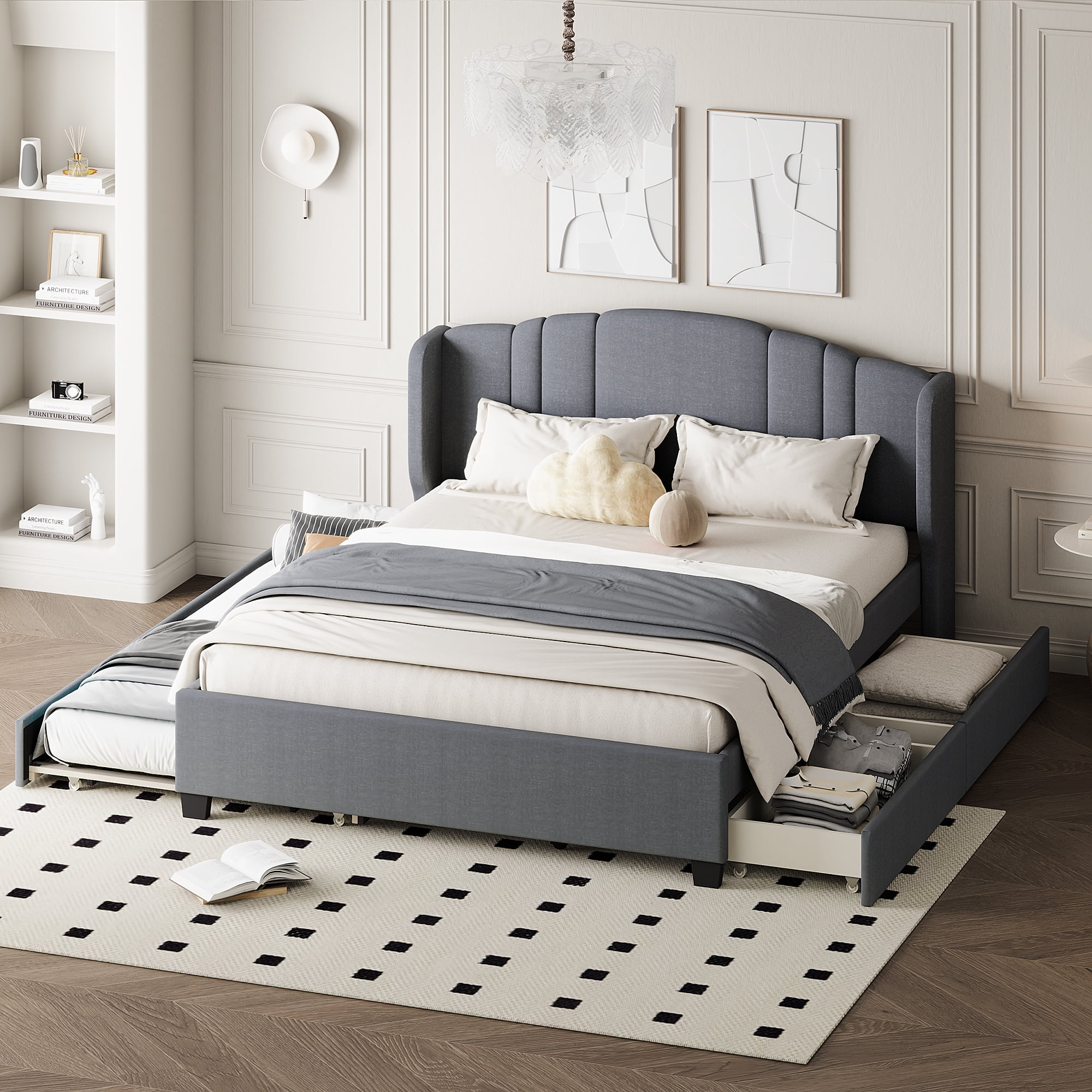 Upholstered Platform Bed With Wingback Headboard, One Twin Trundle And ...