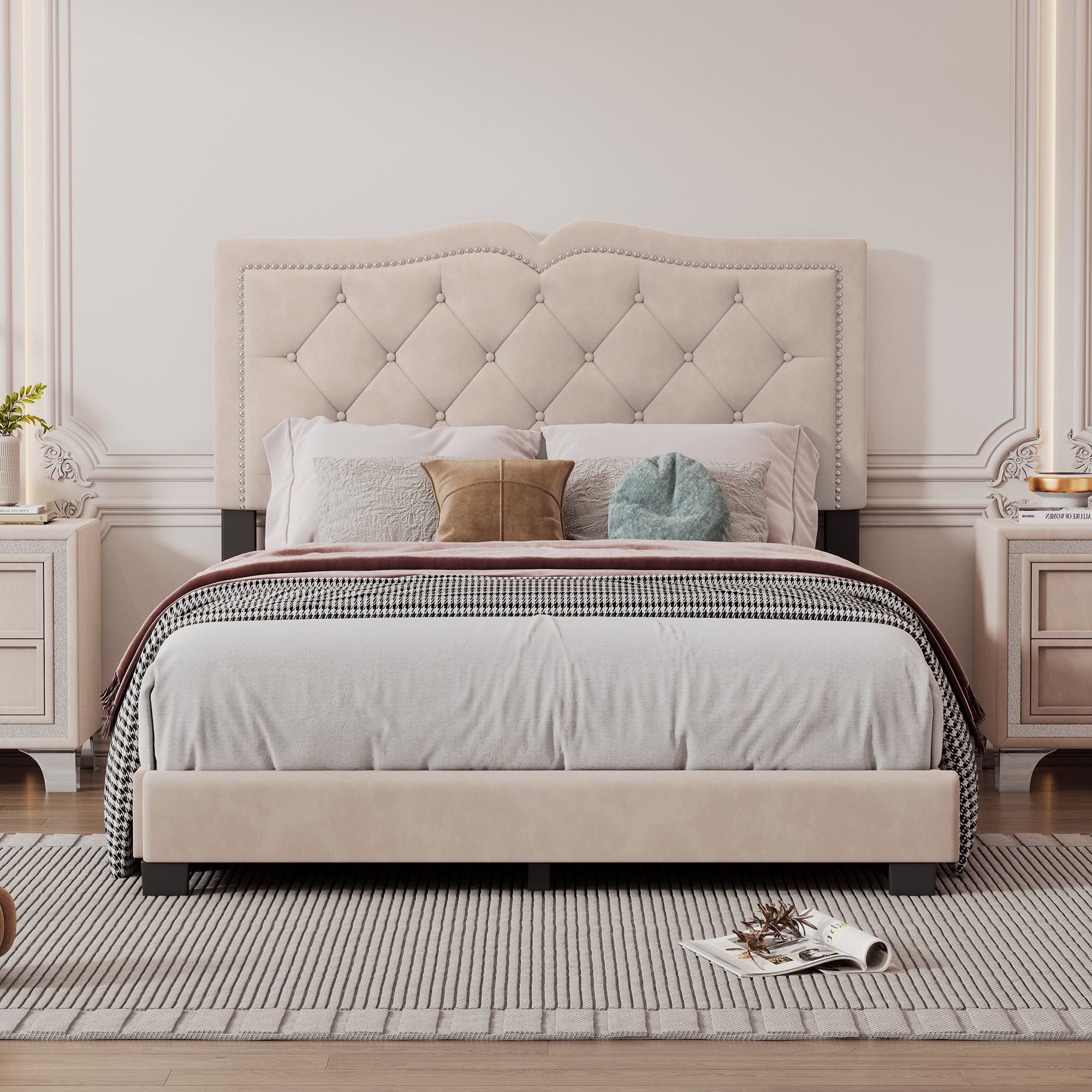 Upholstered Platform Full Size Bed Frame,Velvet Fabric Wooden Full Bed ...