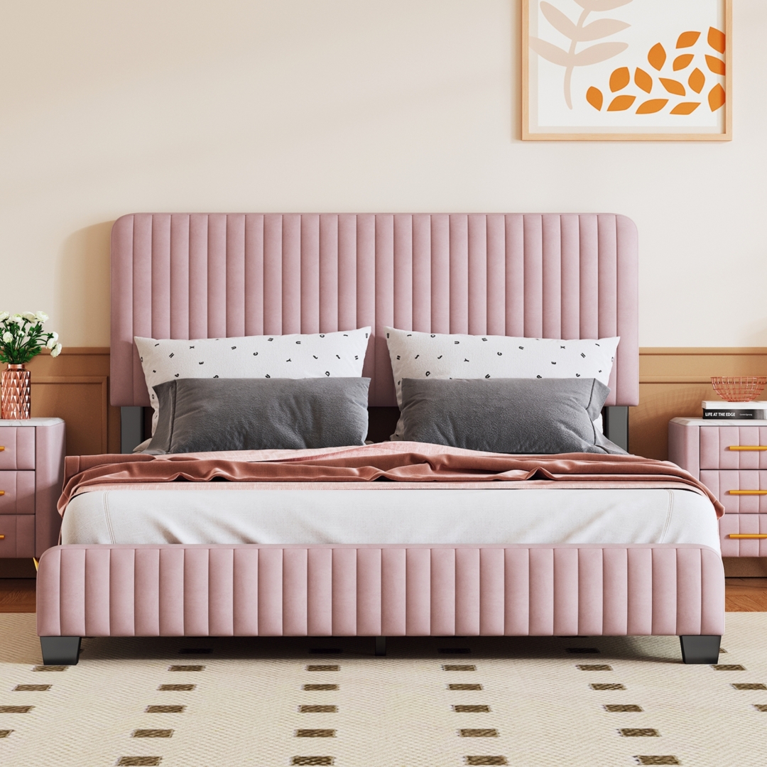 Upholstered Platform Queen Size Bed Frame with Headboard and Sturdy ...