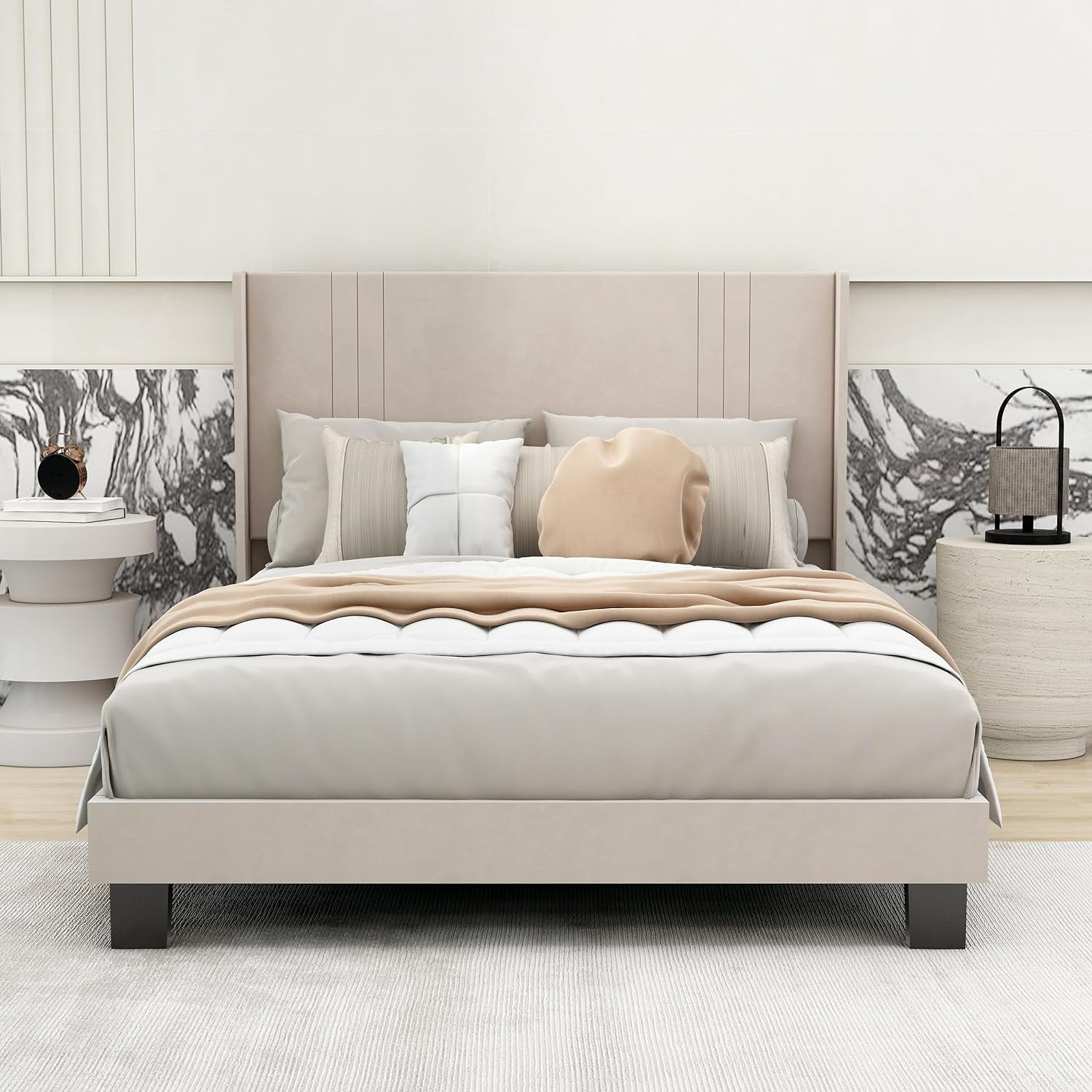 Upholstered Platform Twin Bed Frame with Headboard Wooden Slats Support ...