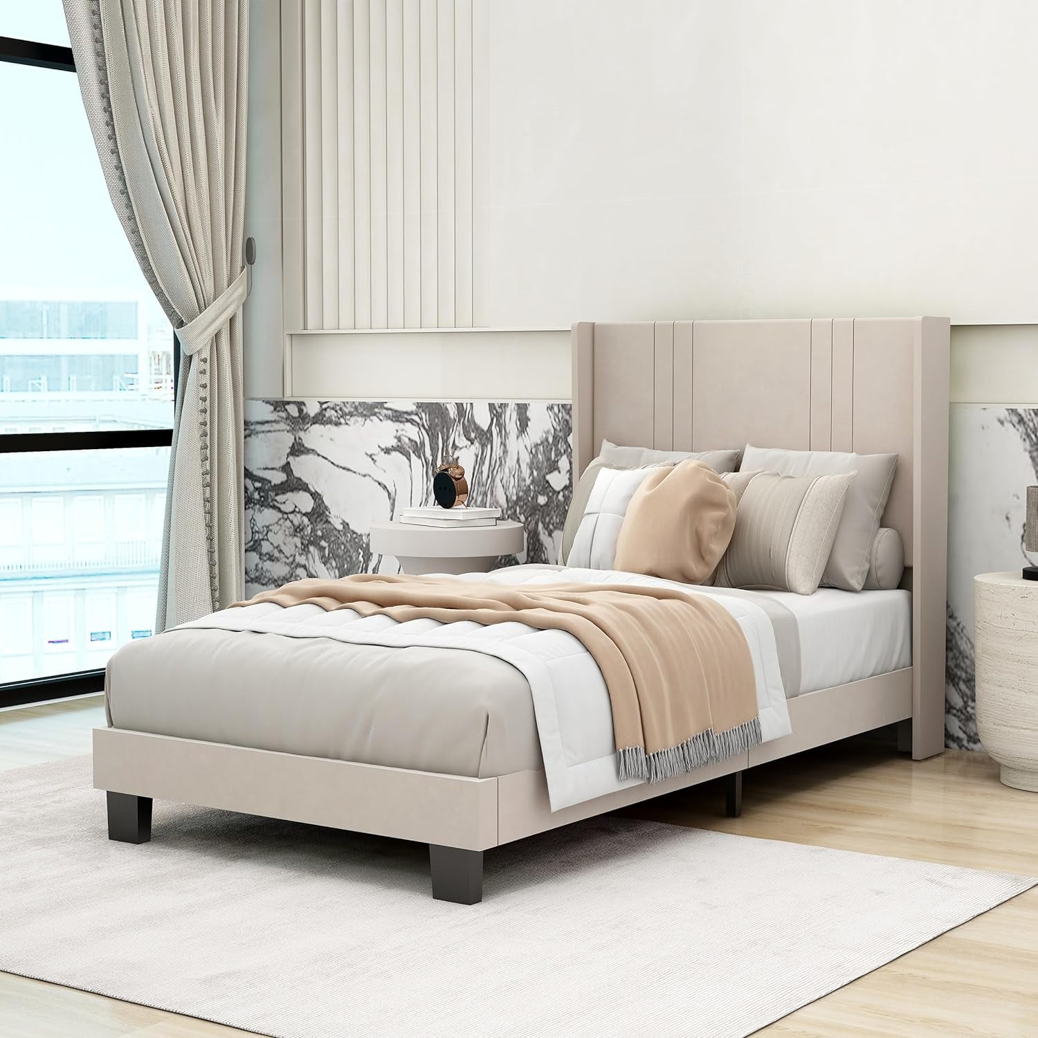 Upholstered Platform Twin Bed Frame with Headboard Wooden Slats Support ...