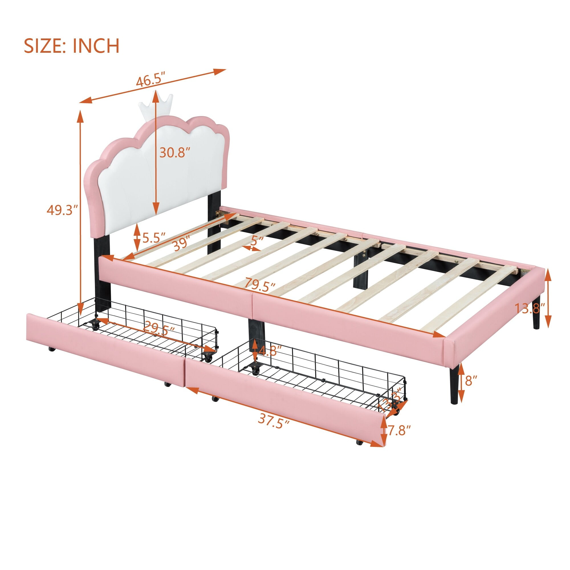 Upholstered Princess Bed With Crown Headboard and 2 Drawers White/Pink ...