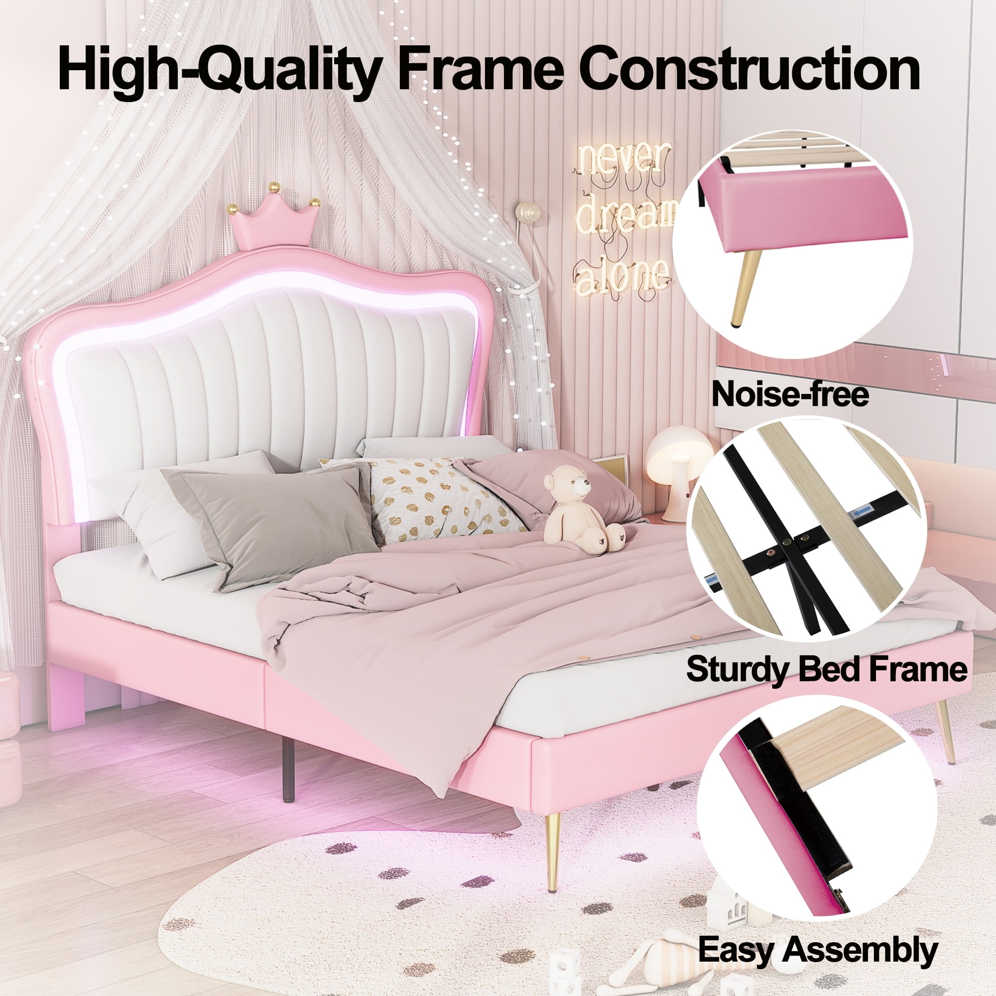 Upholstered Princess Bed with LED Lights Pink - Queen - Walmart.com