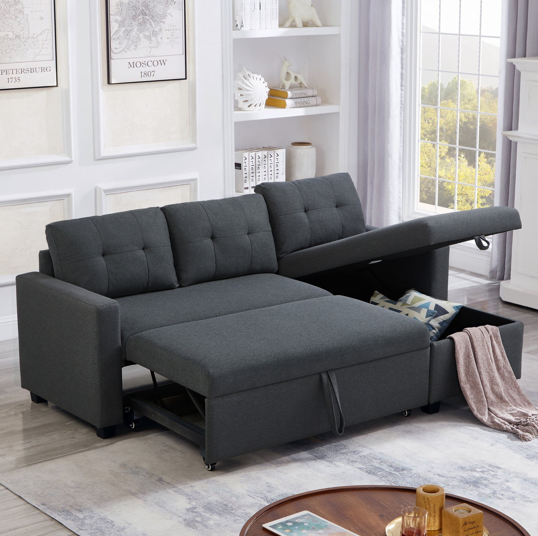 Upholstered Pull Out Sectional Sofa with Storage Chaise Pull Out Sleeper Bed, Convertible Corner ...