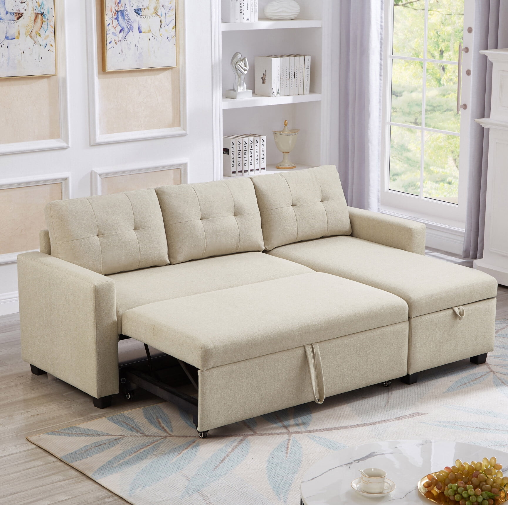 Upholstered Pull-Out Sectional Sofa with Storage Chaise, Convertible 3 ...