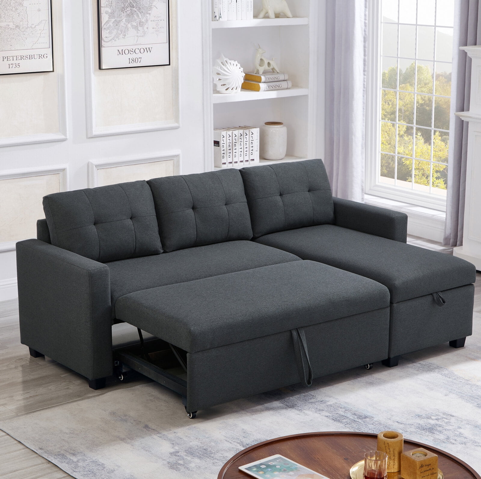 Upholstered Pull-Out Sectional Sofa with Storage Chaise, Convertible 3 ...