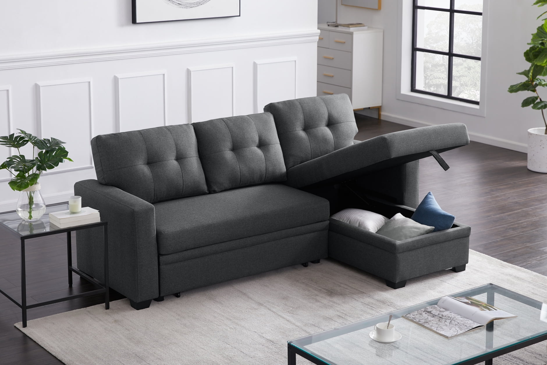 Upholstered Pull out Sectional Sofa with Storage Chaise, Couch with ...