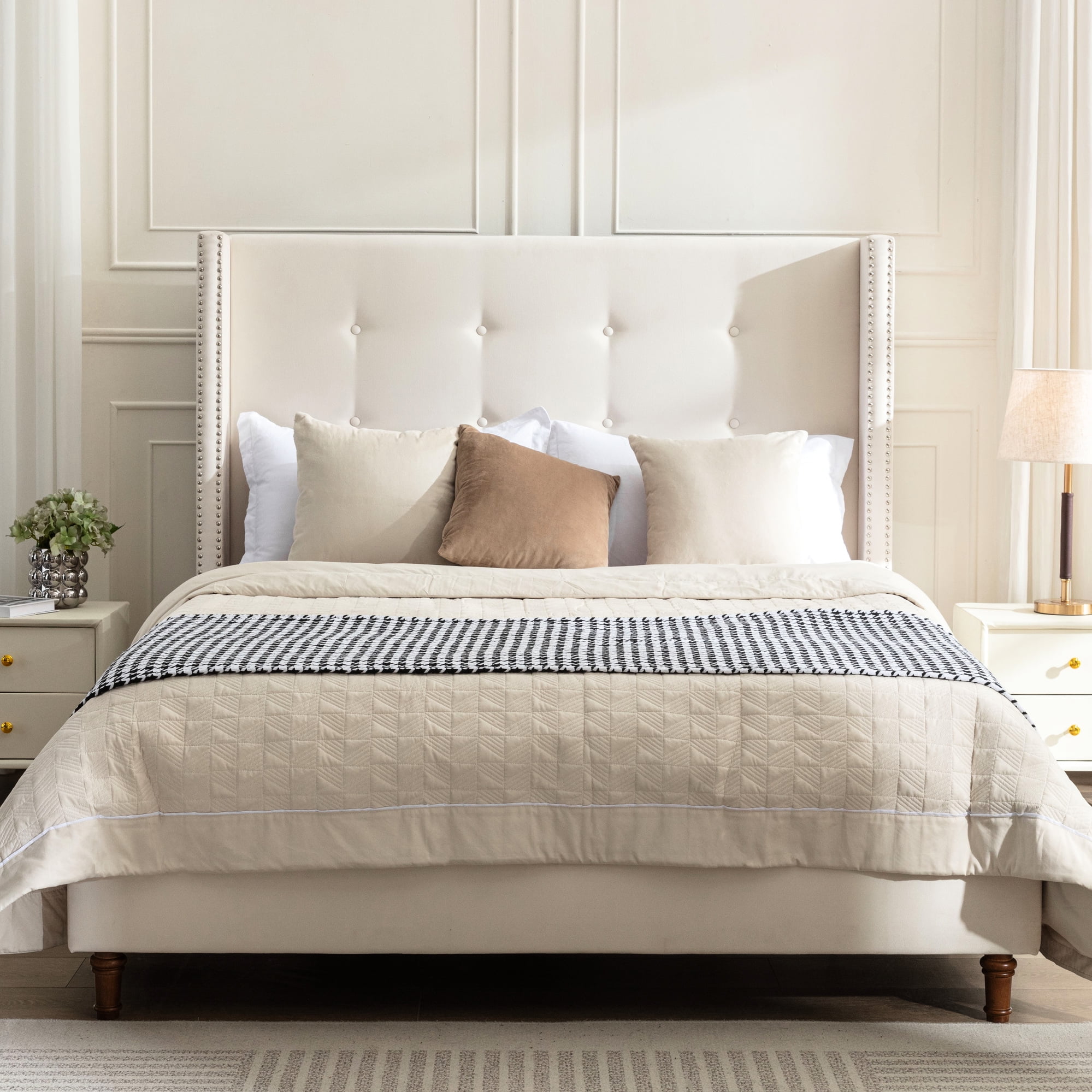 Upholstered Queen Bed, 54" Headboard, Traditional Tufting Manner, Nailhead Trim Wingback, Velvet ...