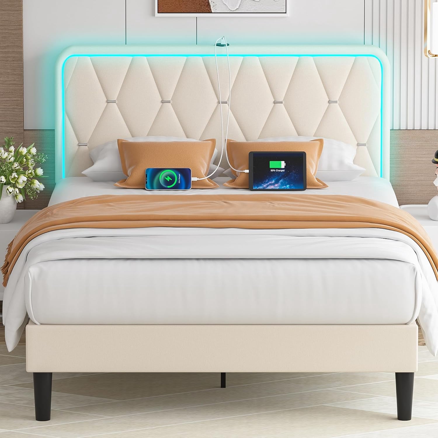 Upholstered Queen Bed Frame with Headboard Adjustable, Velvet Platform ...