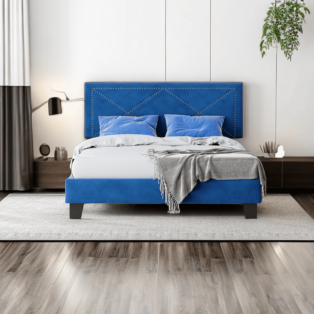Upholstered Queen Bed Frame with Headboard, Modern Velvet Platform Bed ...