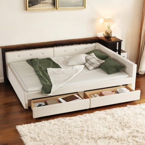 Upholstered Queen Daybed with 2 Storage Drawers for Bedroom, Living ...