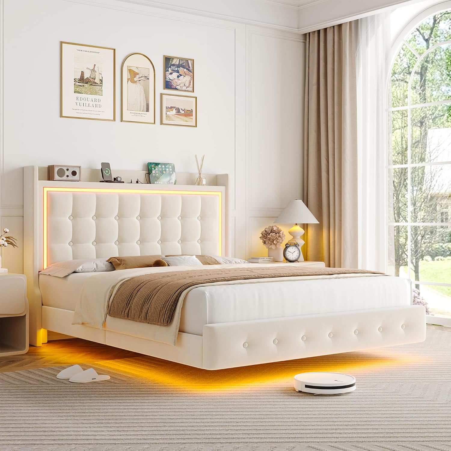 Upholstered Queen Floating Bed Frame with RGB LED Lights and Charging ...