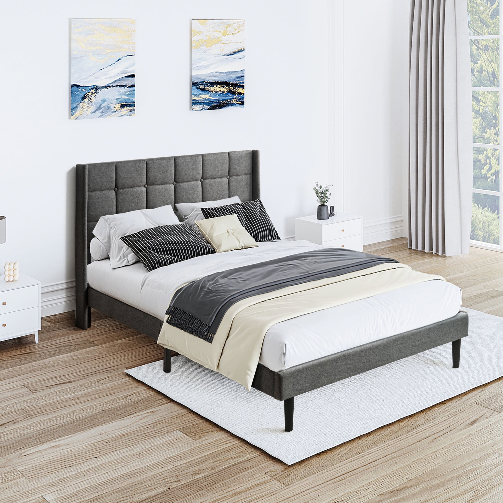 Upholstered Queen Platform Bed / Dark Grey Linen, Wood Slat Support / Comfortable Bedroom ...