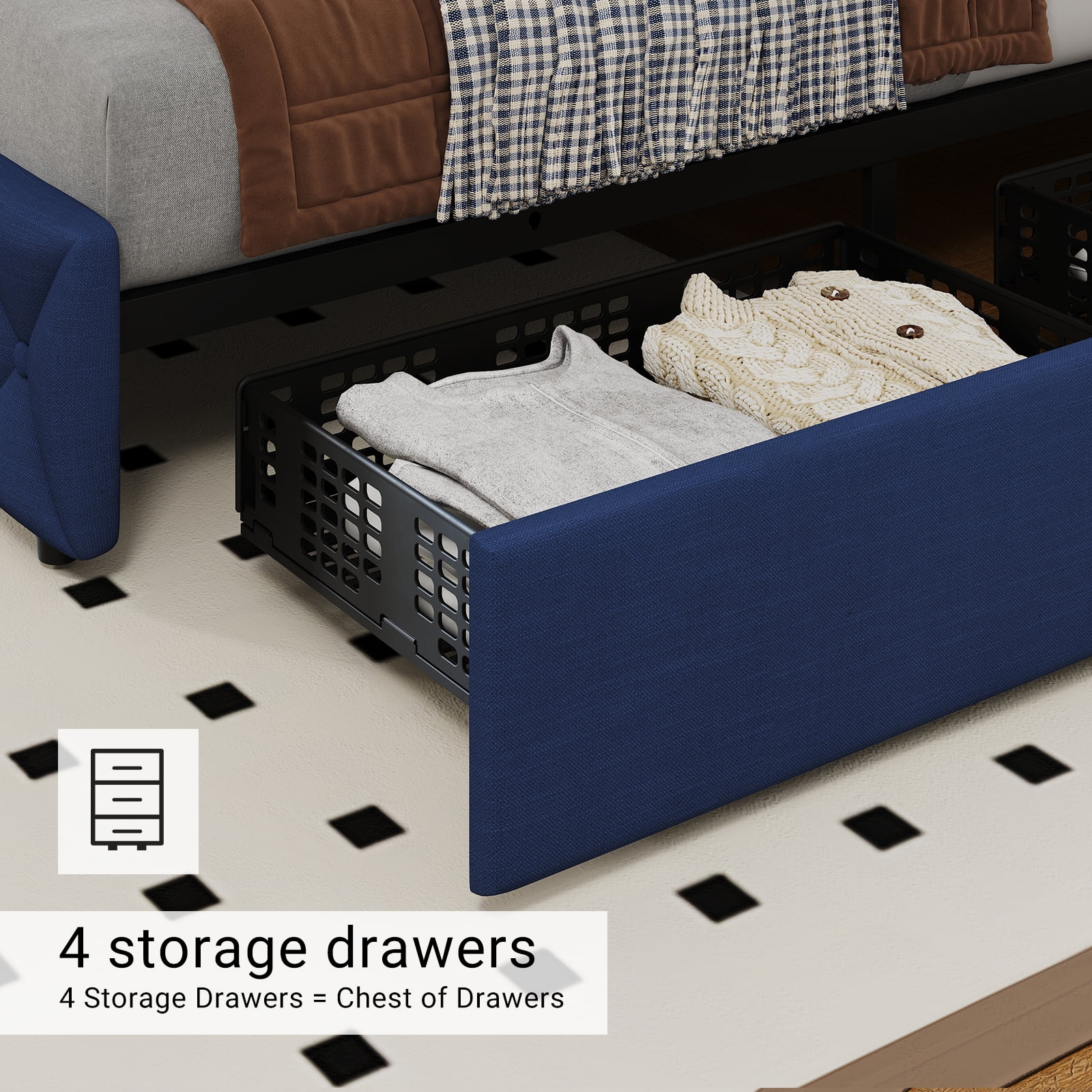 Upholstered Queen Platform Bed Frame with 4 Storage Drawers Adjustable ...