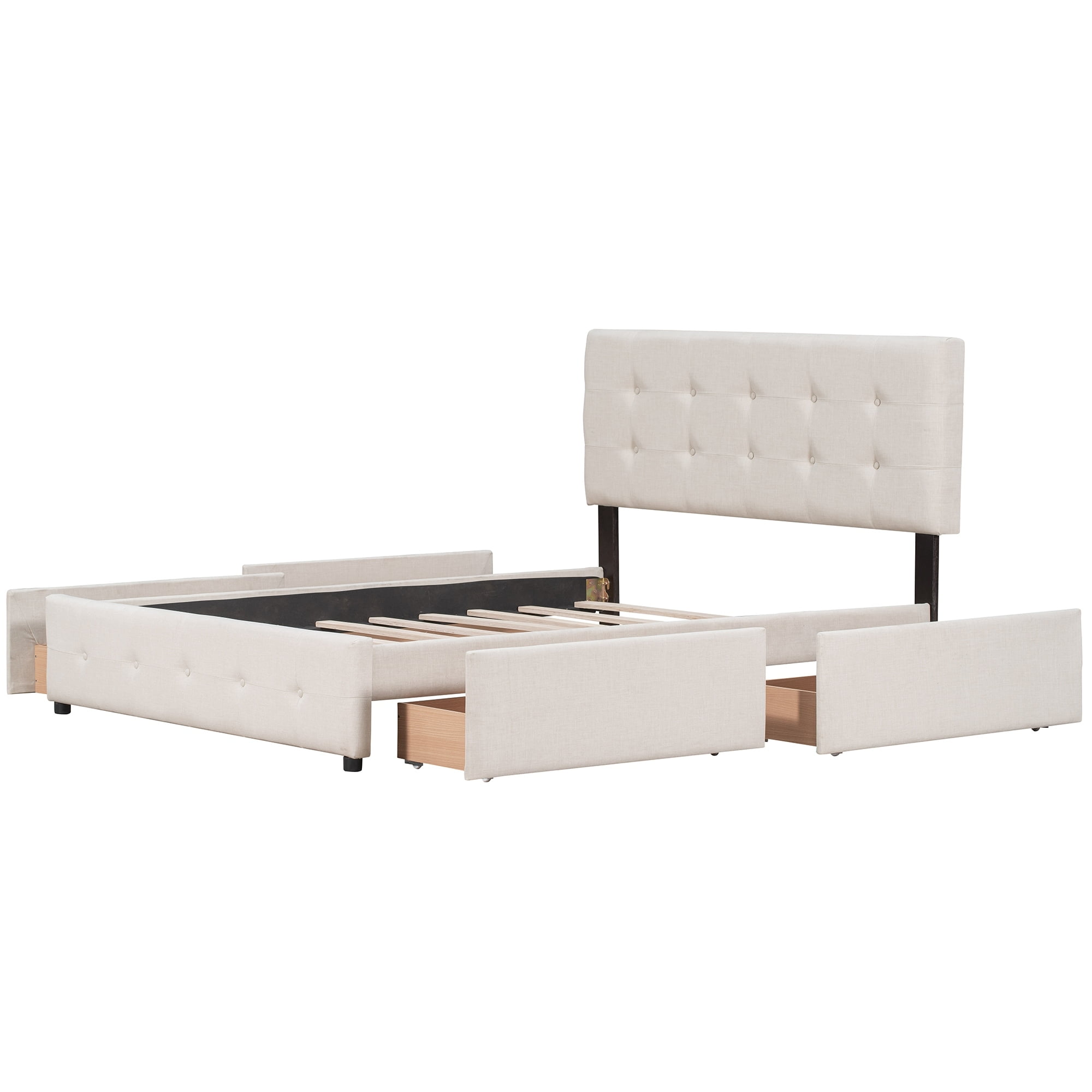 Upholstered Queen Platform Bed with 4 Drawers and Classic Headboard ...