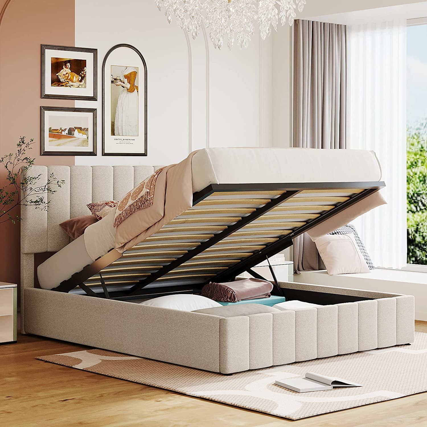 Upholstered Queen beds Gas Lift Up Storage Platform Bed Frame with ...