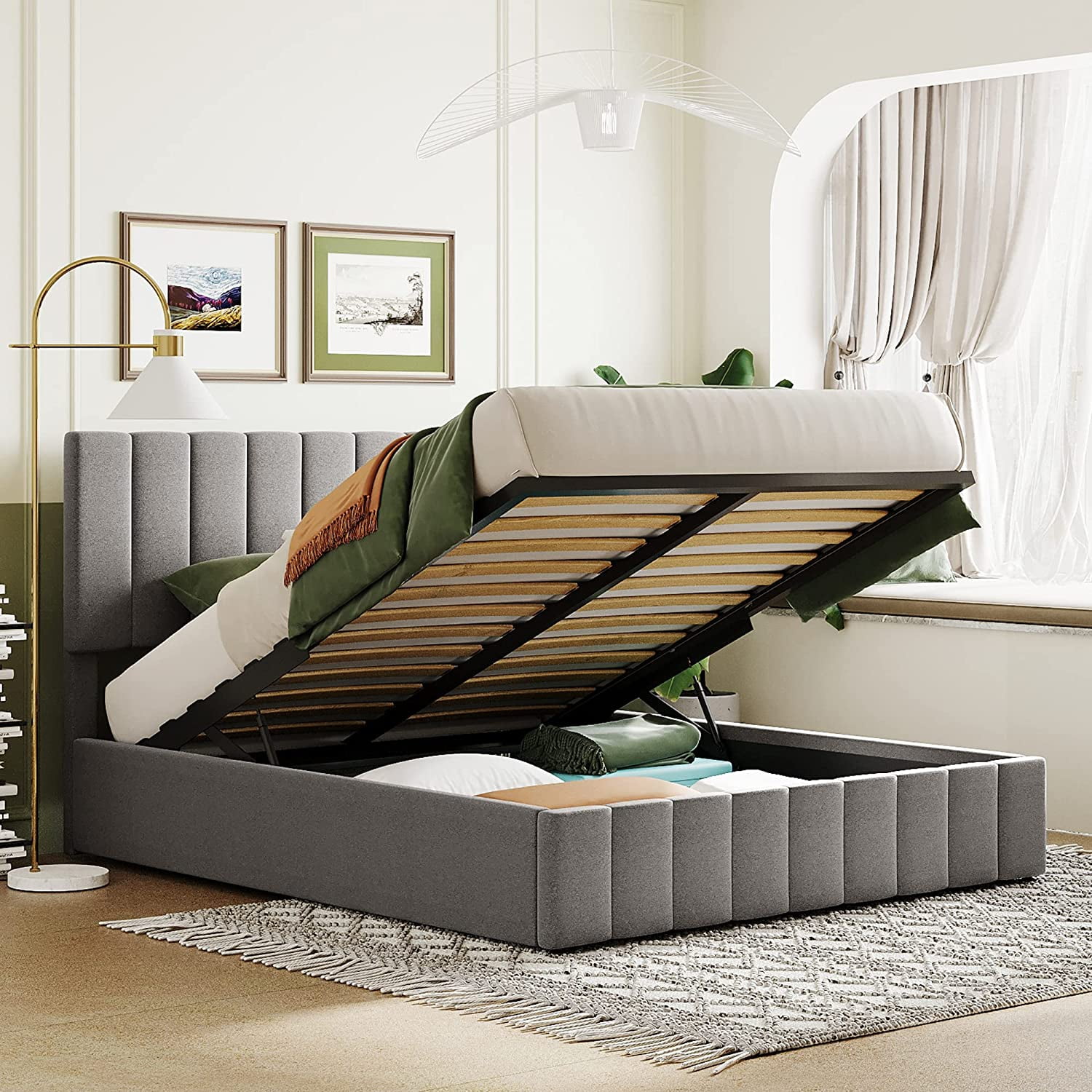 Upholstered Queen beds Gas Lift Up Storage Platform Bed Frame with ...