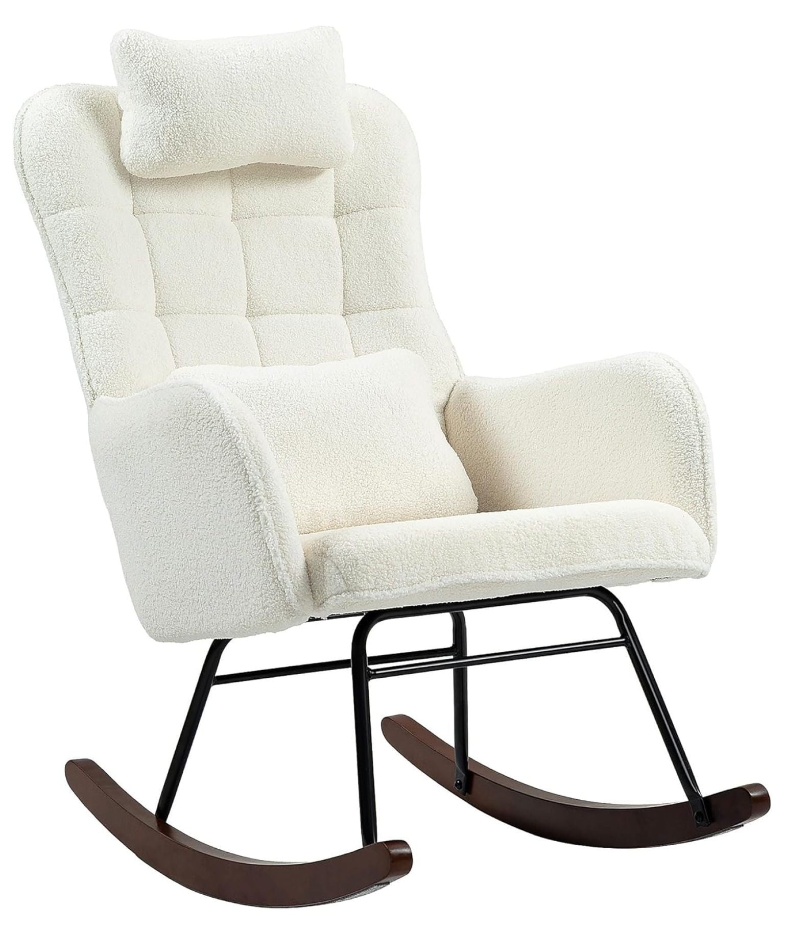 Upholstered Rocking Chair with Headrest and Lumber Pillow, Teddy Fleece ...