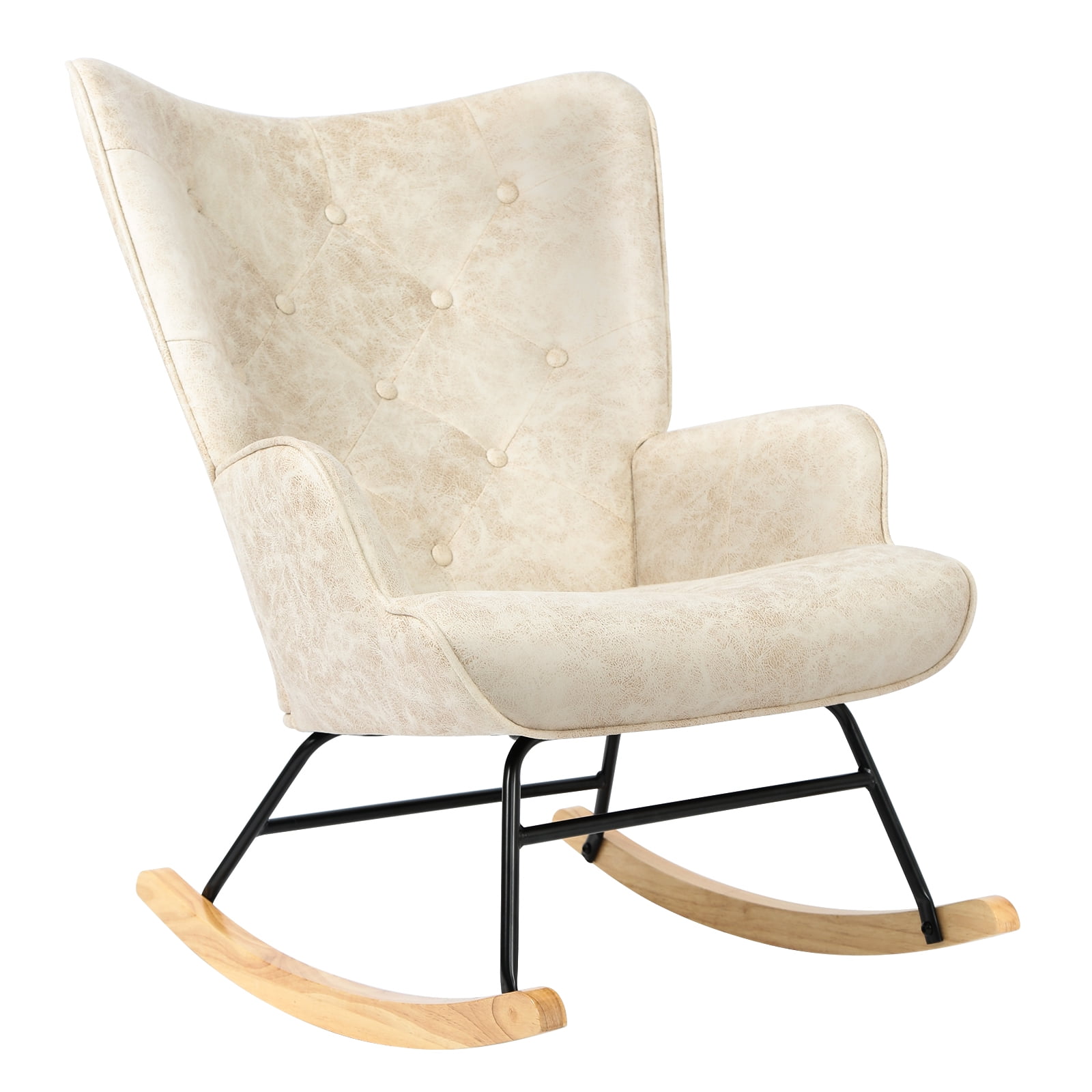 Upholstered Rocking Chair with Leather Padded Seat,Comfortable Rocker ...