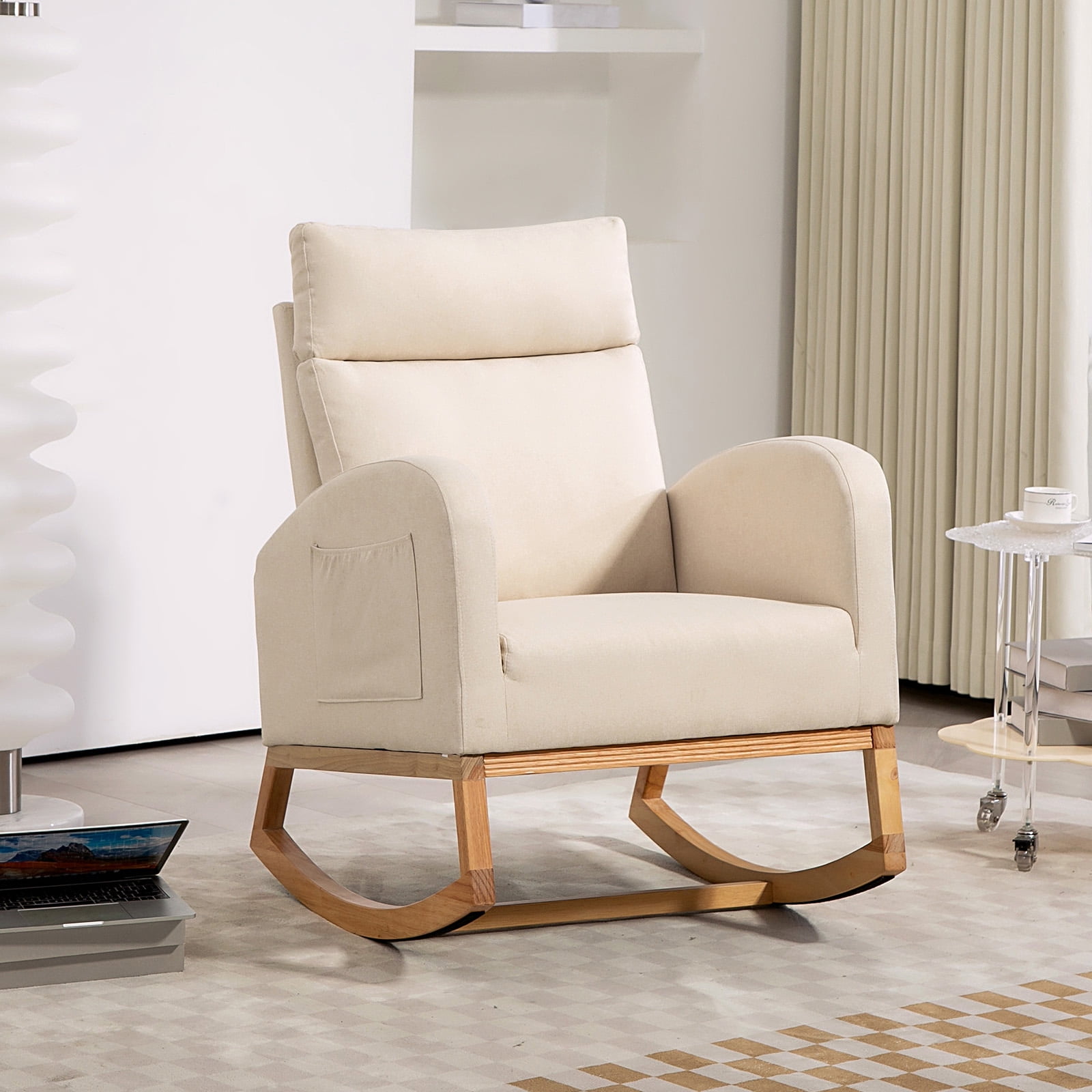 Upholstered Rocking Chair - Nursery Glider Chair with Rubber Wood Legs ...