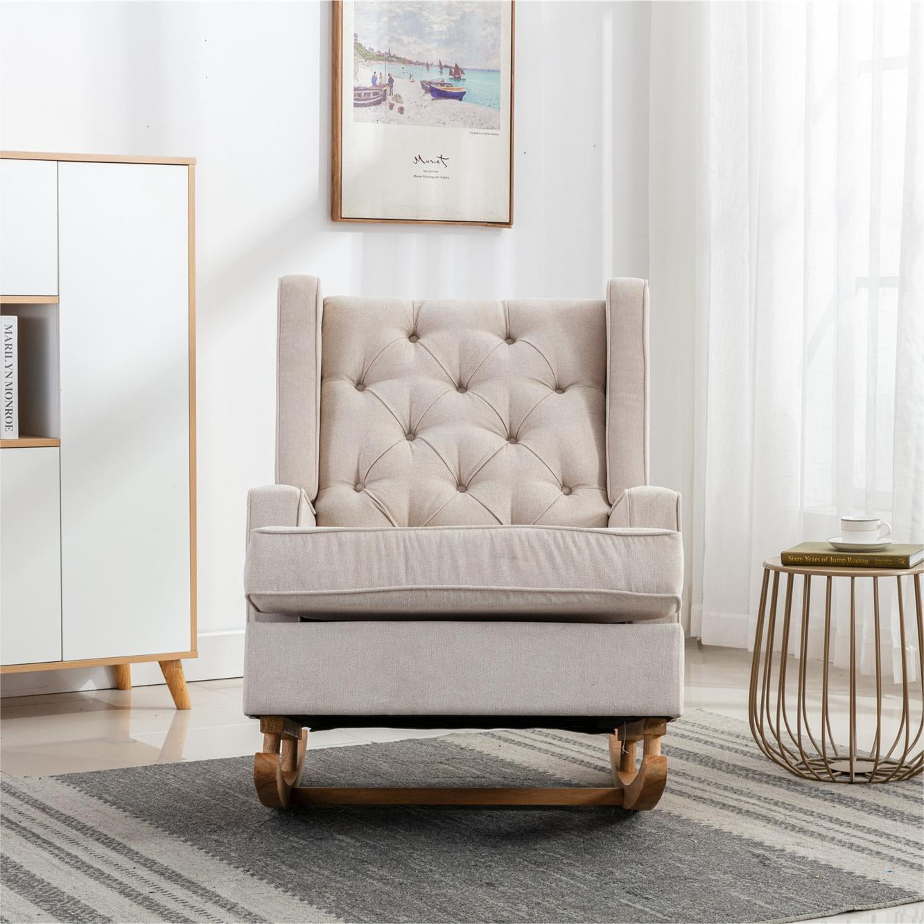 Upholstered Rocking Chair, with Fabric Padded Seat,Comfortable Rocker ...