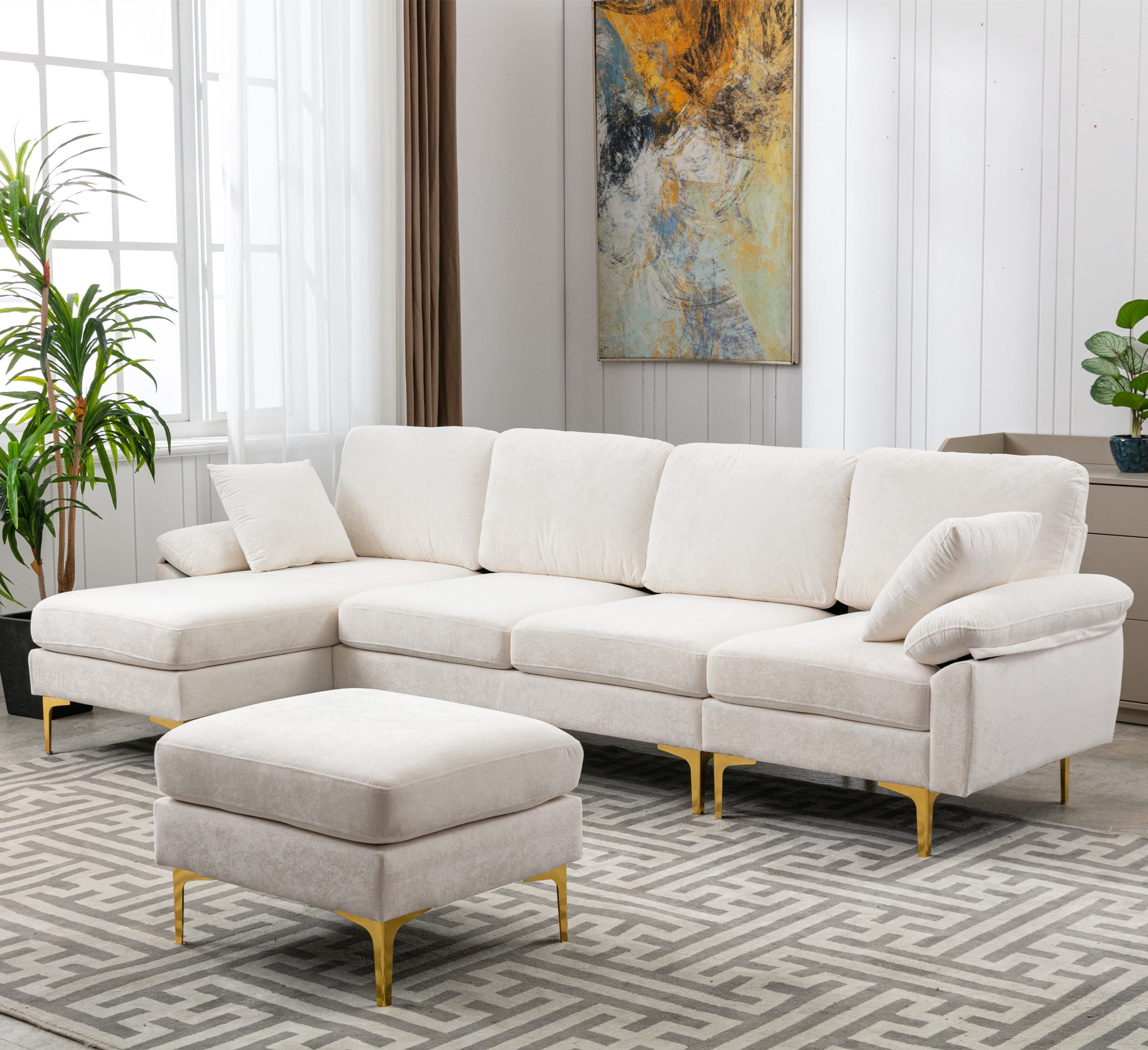 Upholstered Sectional Sofa with Movable Ottoman and Metal Legs Modern 114 Lounge Couch Accent Sofa with Chaise and Soft Back Cushion Long Living Room Sofa for 4 White Walmart
