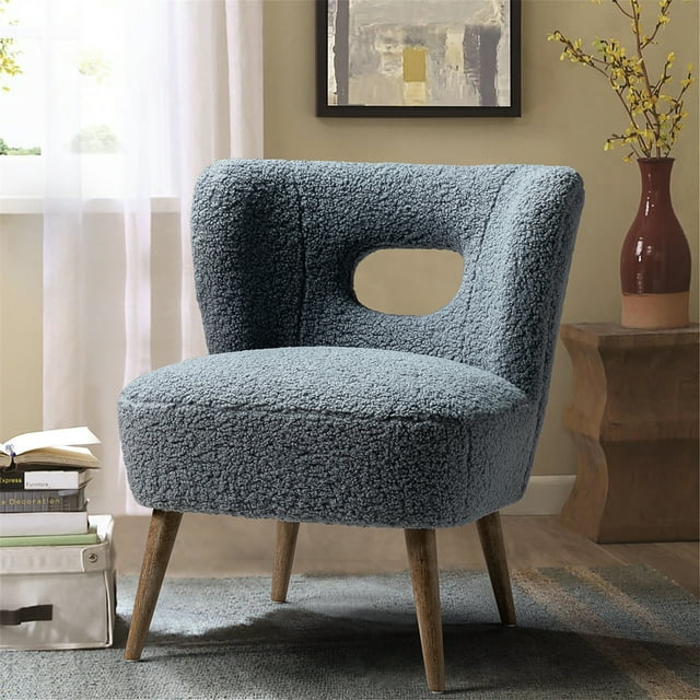 Upholstered Sherpa Barrel Accent Chair Cutout Back Armless Wooden Legs ...
