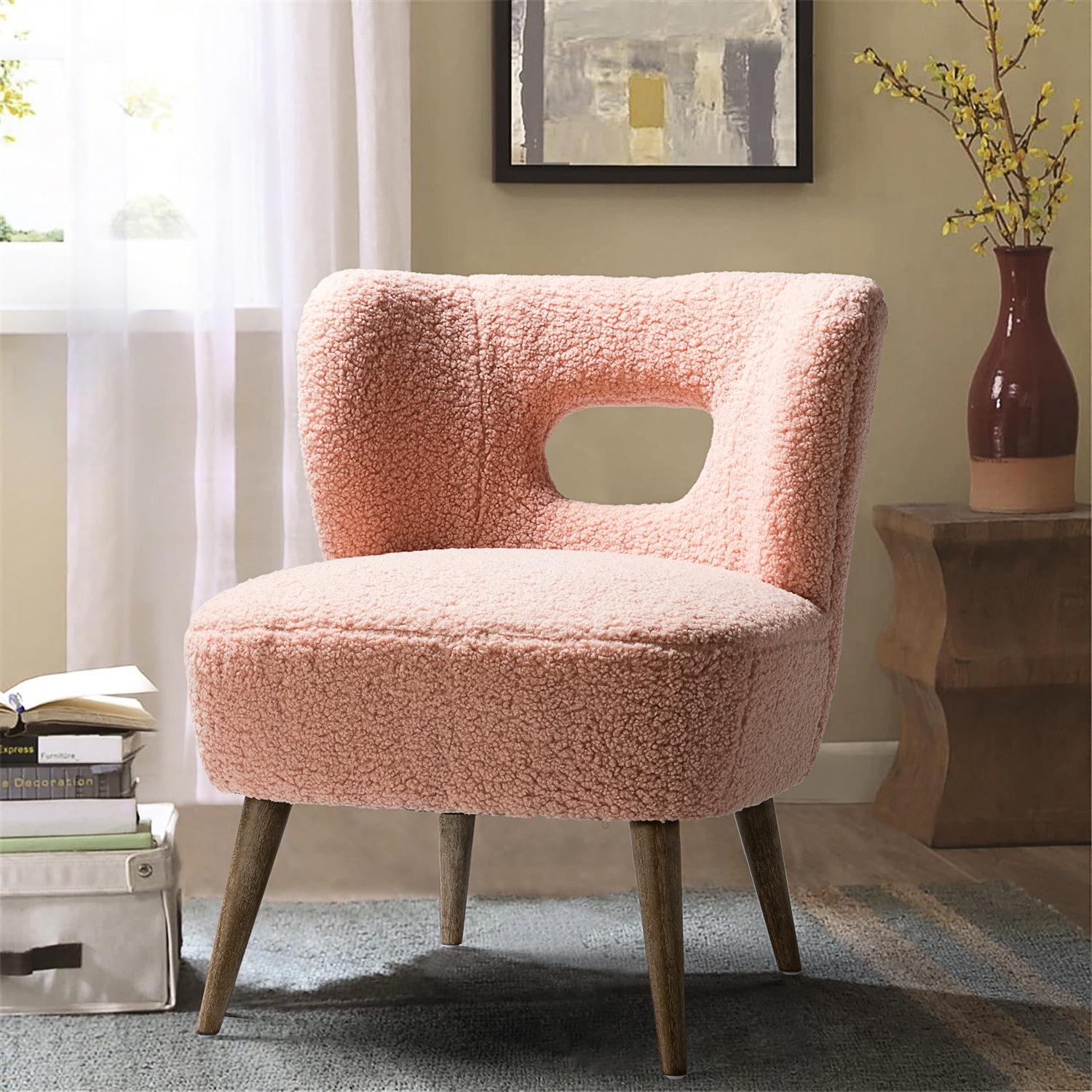 Pink Sherpa Barrel Accent Chair, Upholstered with Cutout Back & Wooden ...
