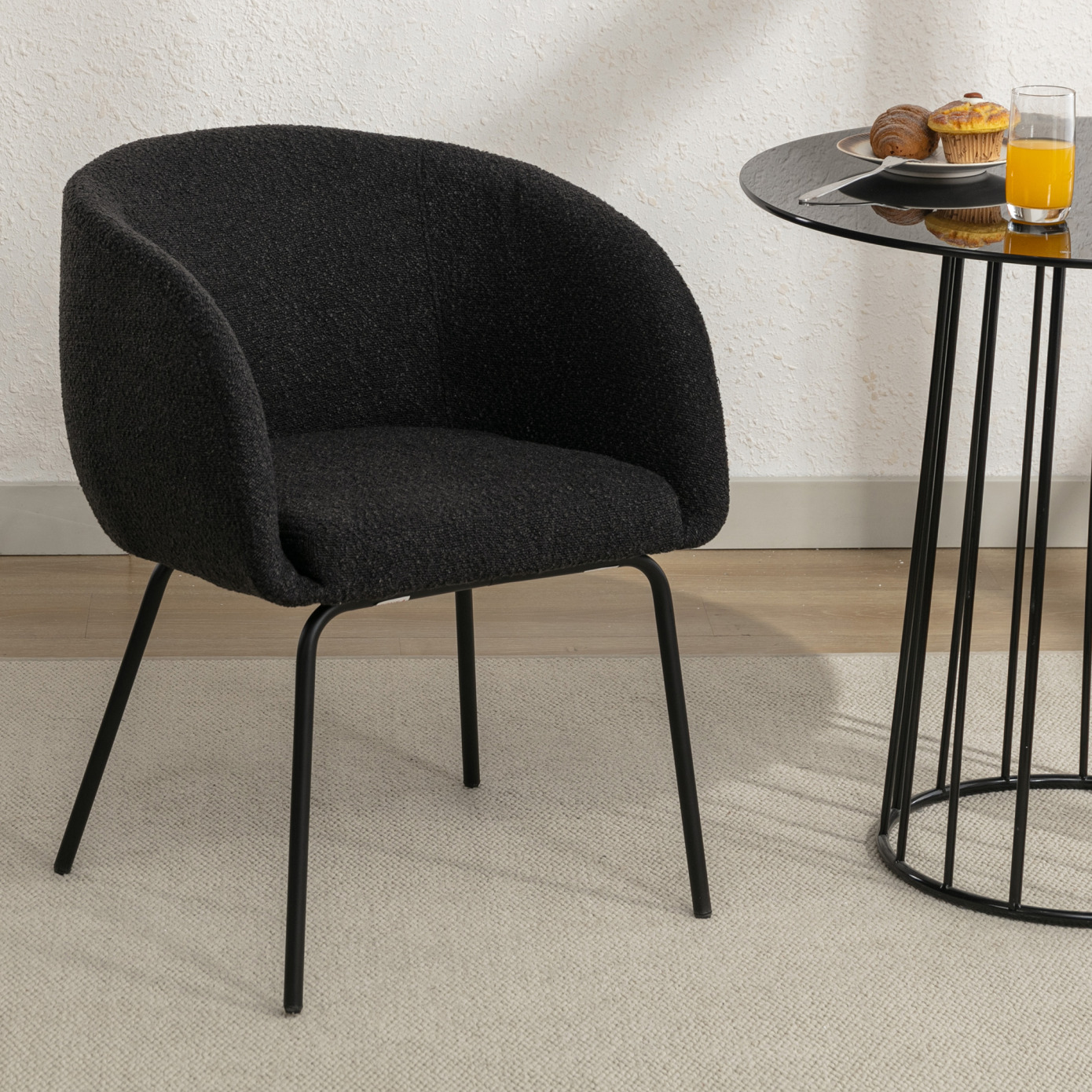 Upholstered Sherpa Dining Chair, Black Boucle Chairs with Arms, Curved ...