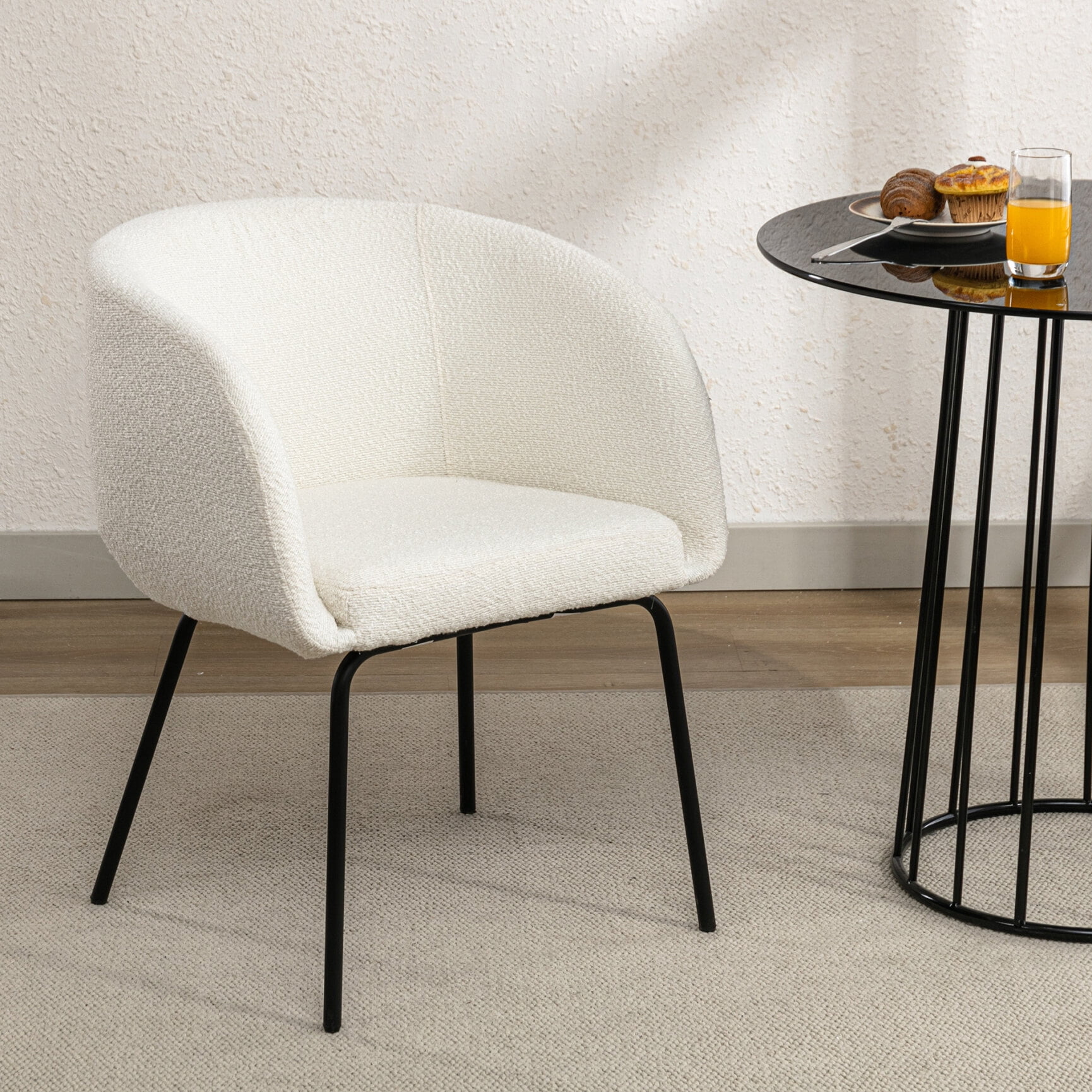 Upholstered Sherpa Dining Chair, Ivory Boucle Chairs with Arms, Curved ...