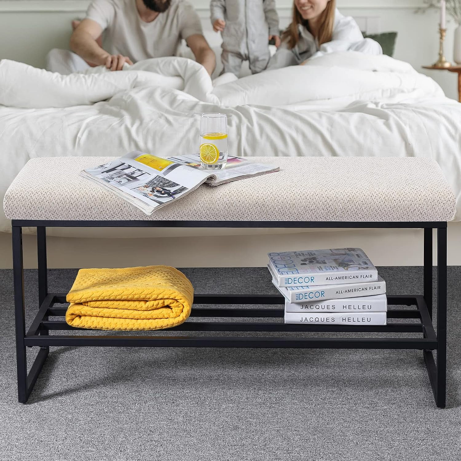 Upholstered Shoe Bench Entryway with Storage, Comfy Line Fabric Bench ...