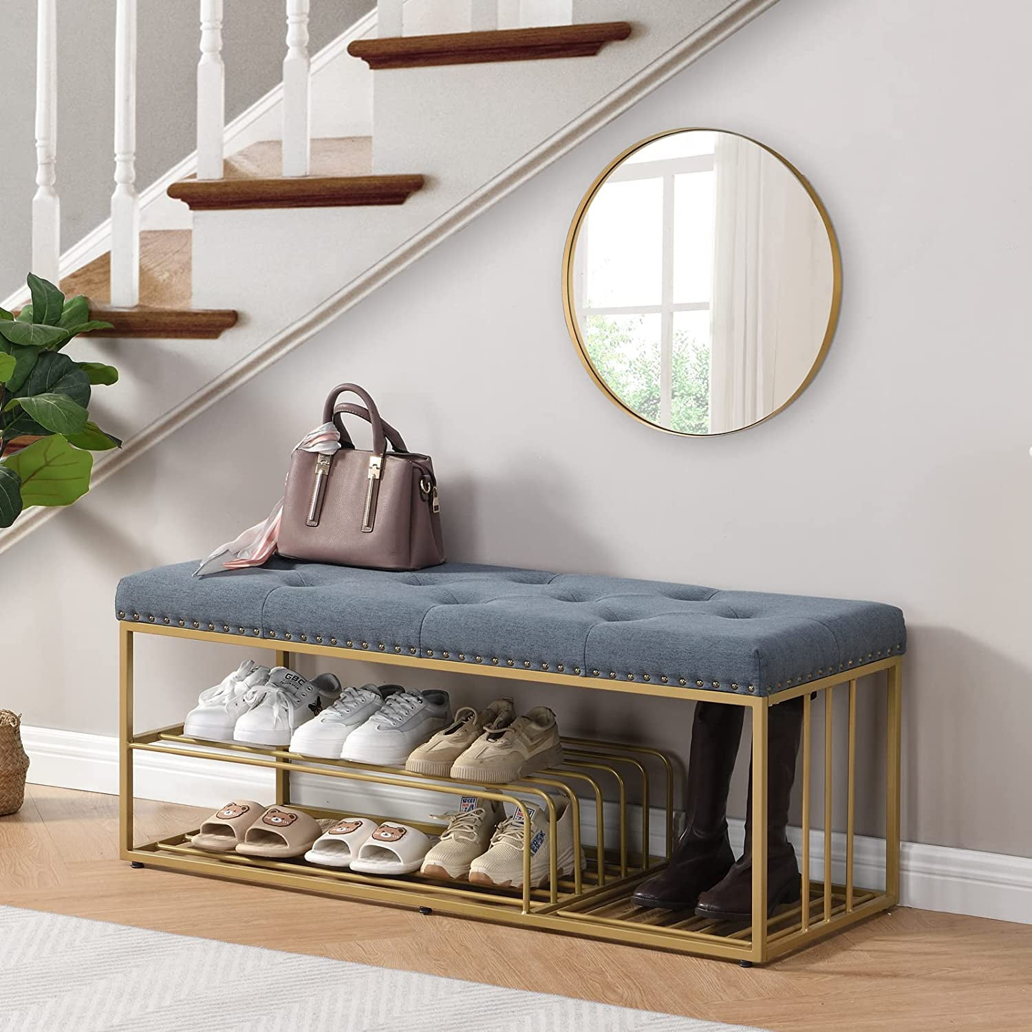 Upholstered Shoe Storage Bench-Nailhead Trim Linen Ottoman Bench with ...