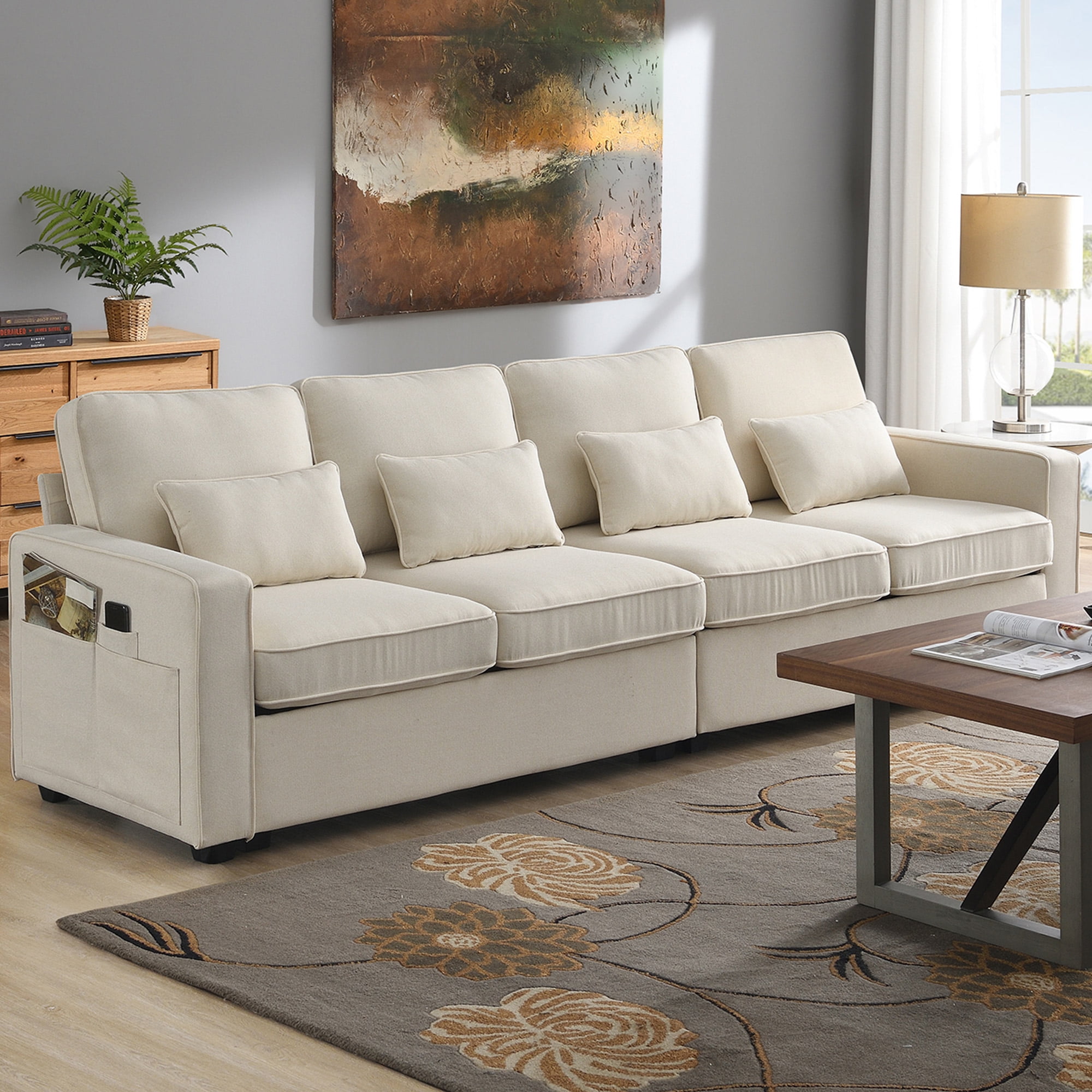 Upholstered Sofa with Storage Pockets and Padded Seat, 4-Seater Linen ...