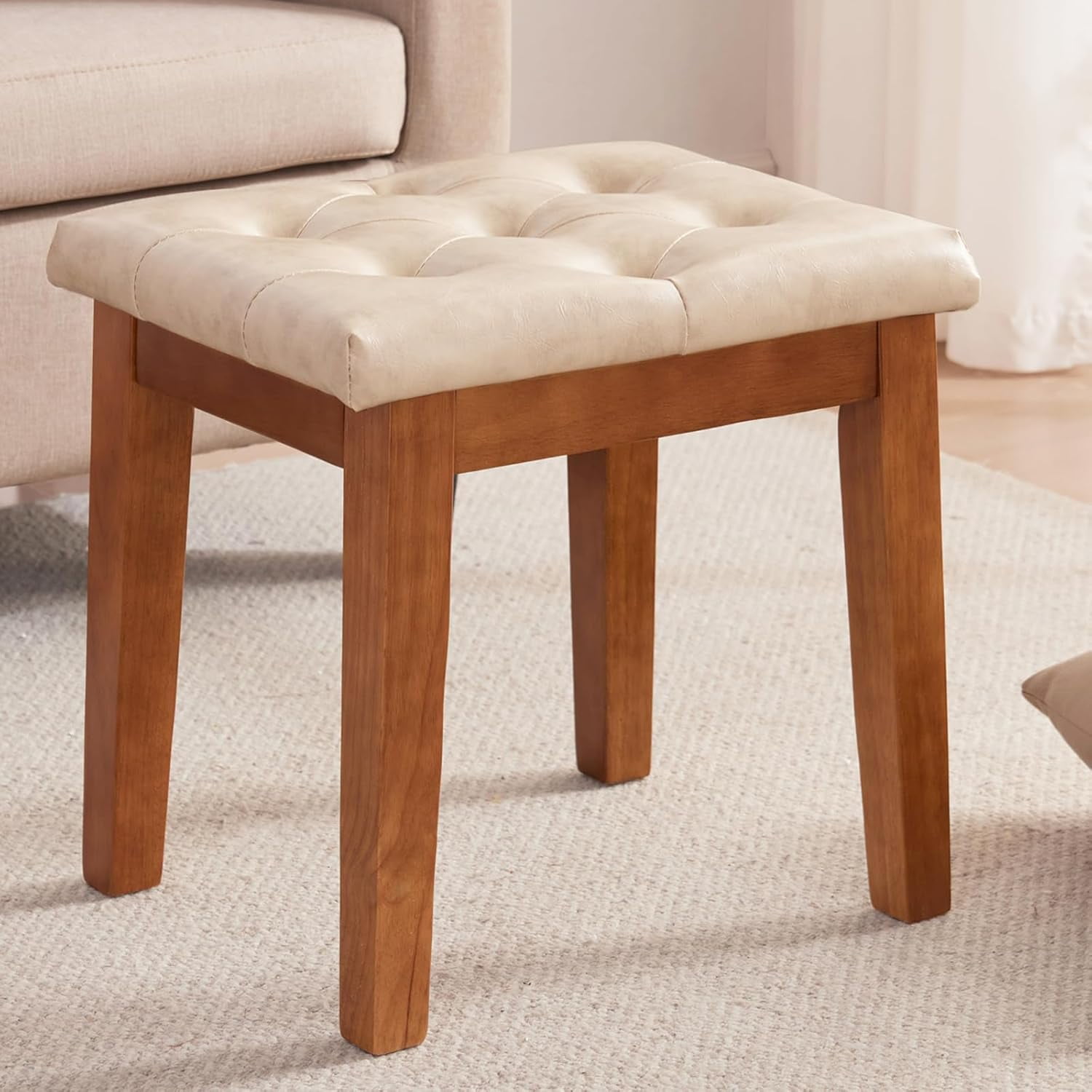 Upholstered Stool with Padded Seat, Tufted Vanity Stool with Solid Wood ...