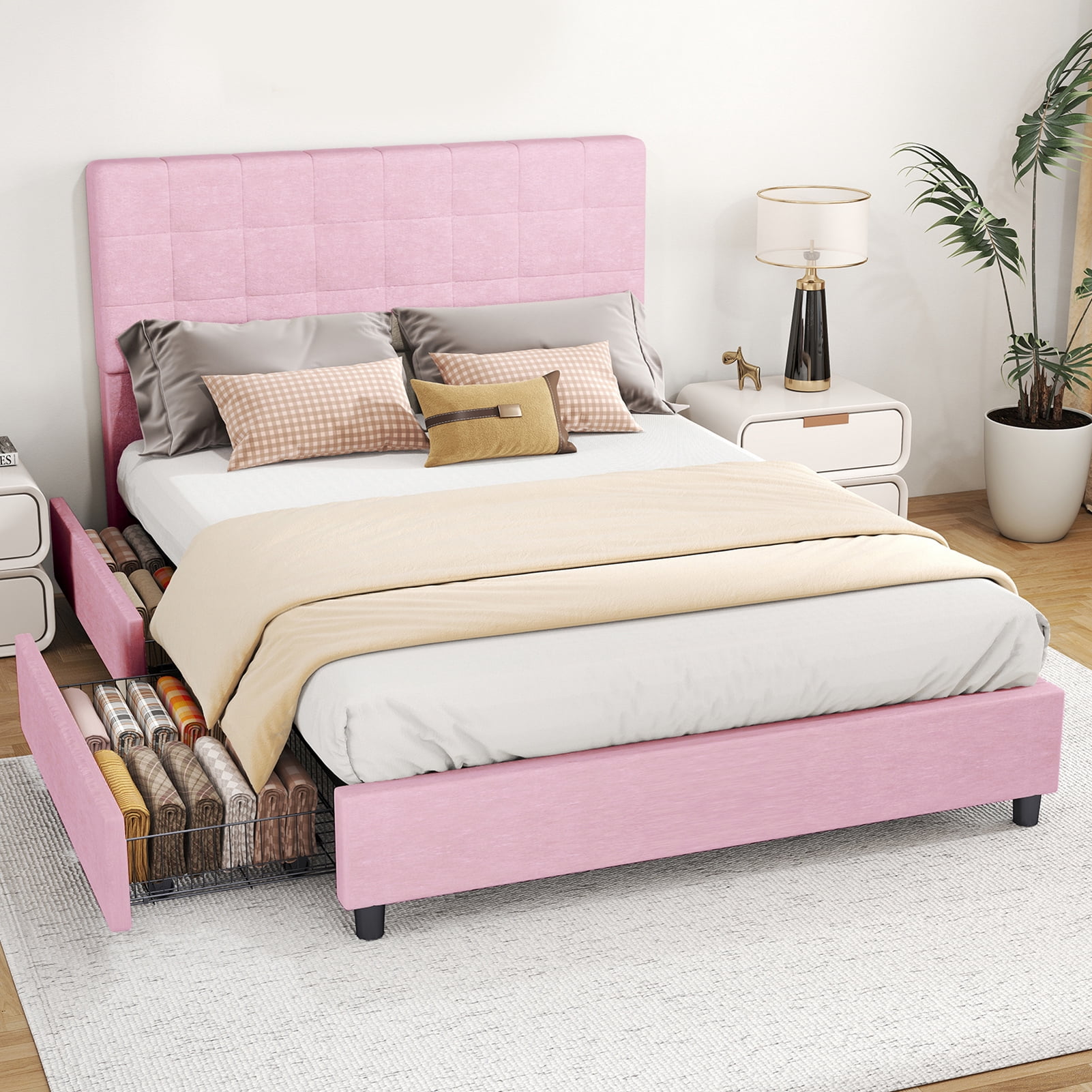 Upholstered Storage Bed Frame, Fabric Bed with 4 Drawers and Wheels ...