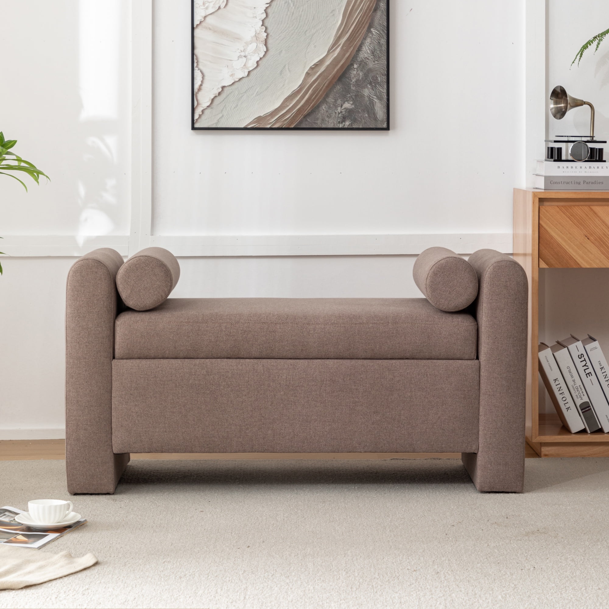 Upholstered Storage Bench with Roll Pillows, 2 Sizes (57" / 46 ...