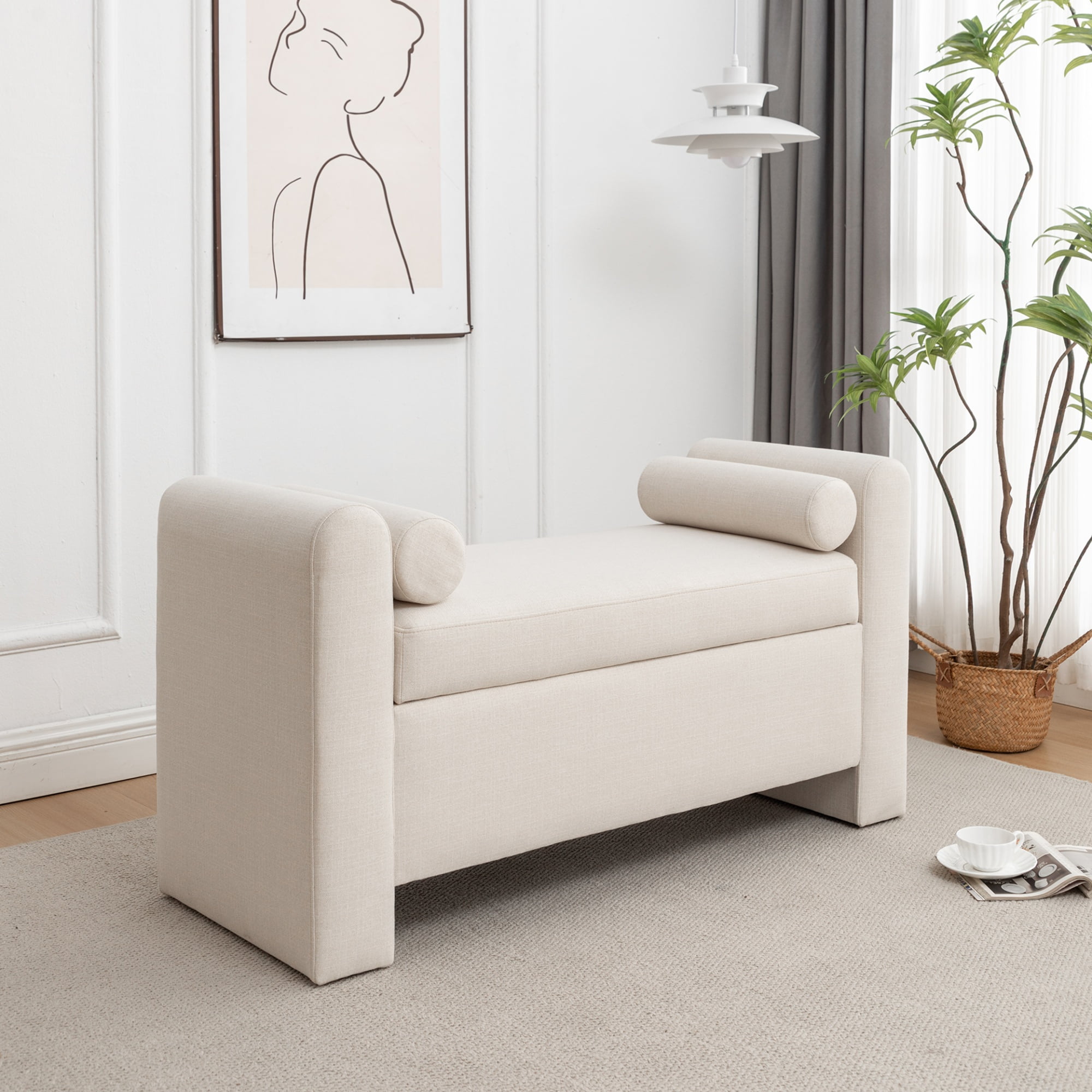 Upholstered Storage Bench with Roll Pillows, 2 Sizes (57" / 46 ...