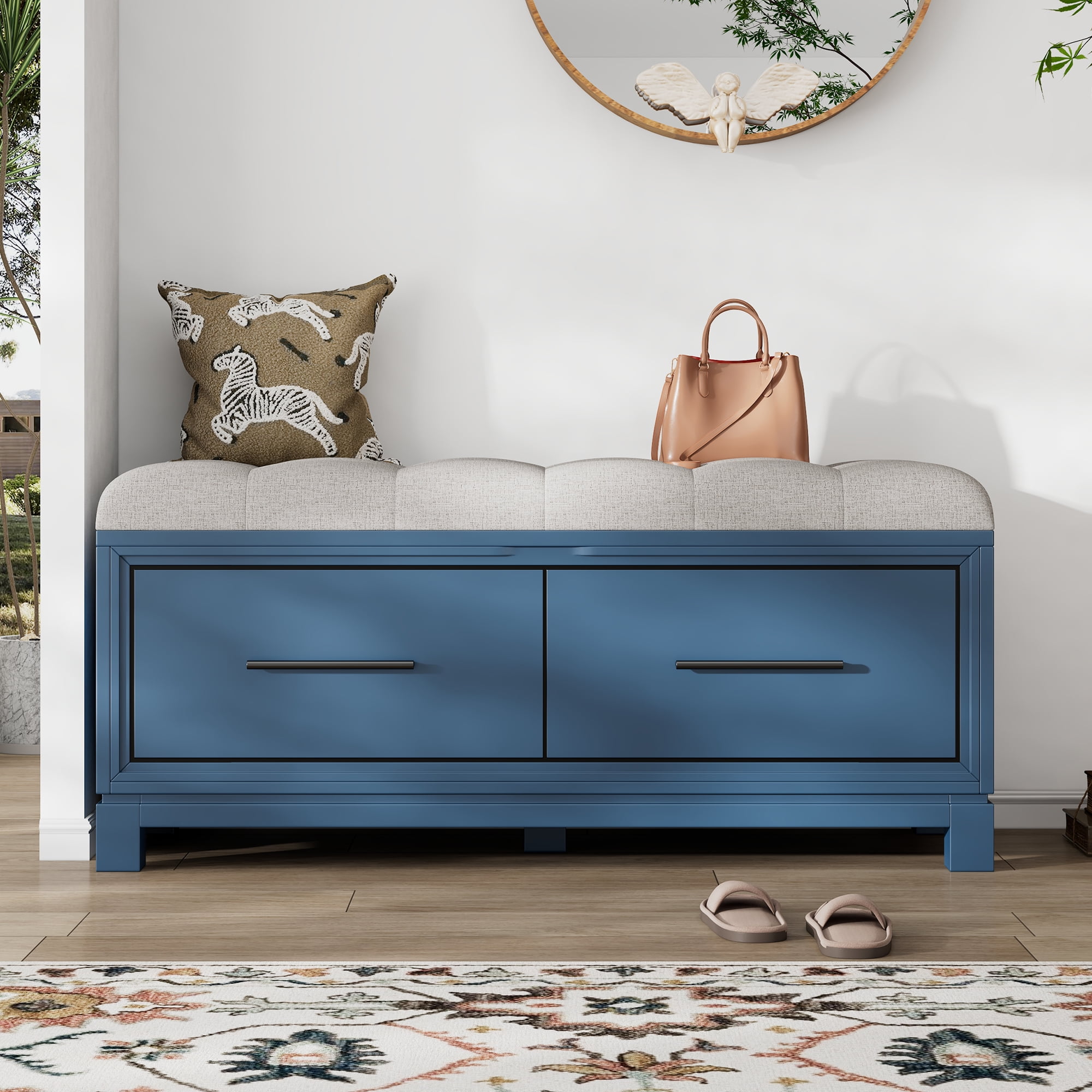 Upholstered Storage Bench, Shoe Bench with 2 Drawers & Removable ...