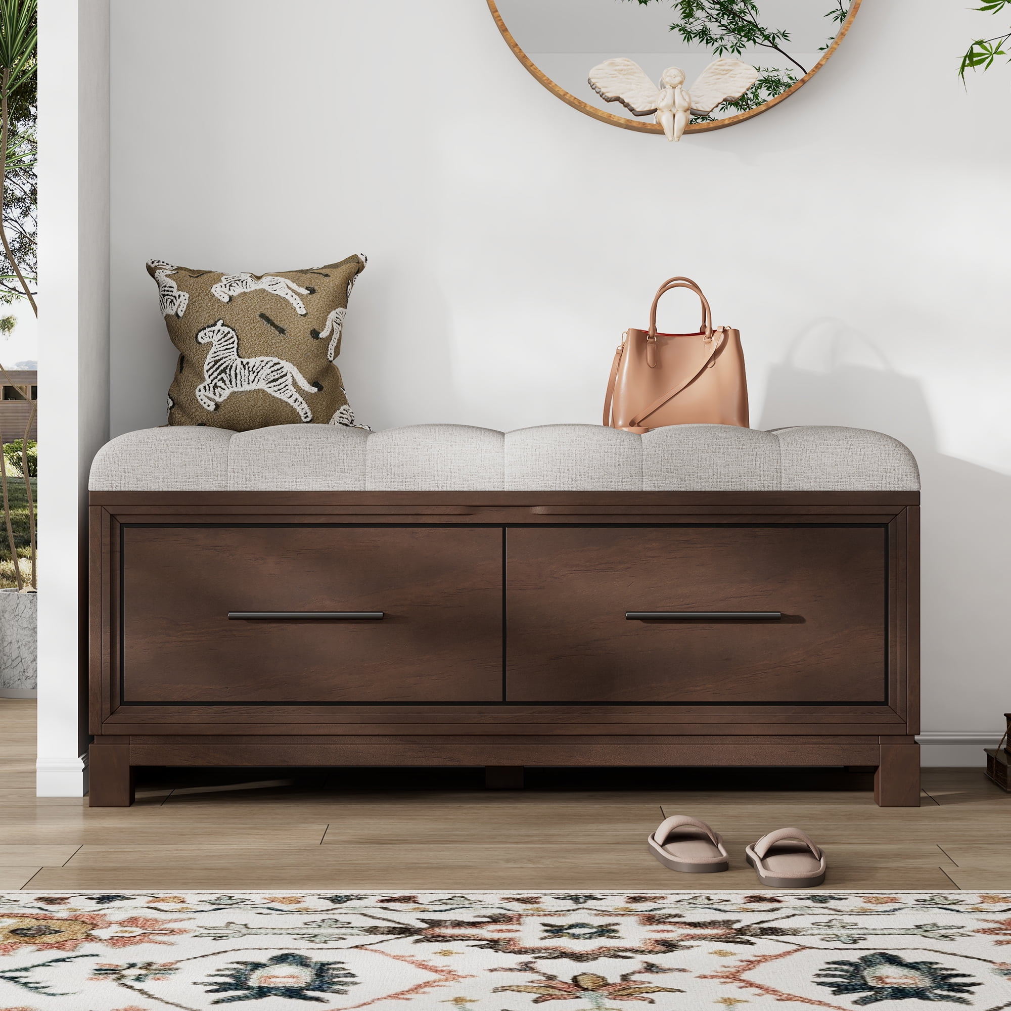 Upholstered Storage Bench, Shoe Bench with 2 Drawers & Removable ...