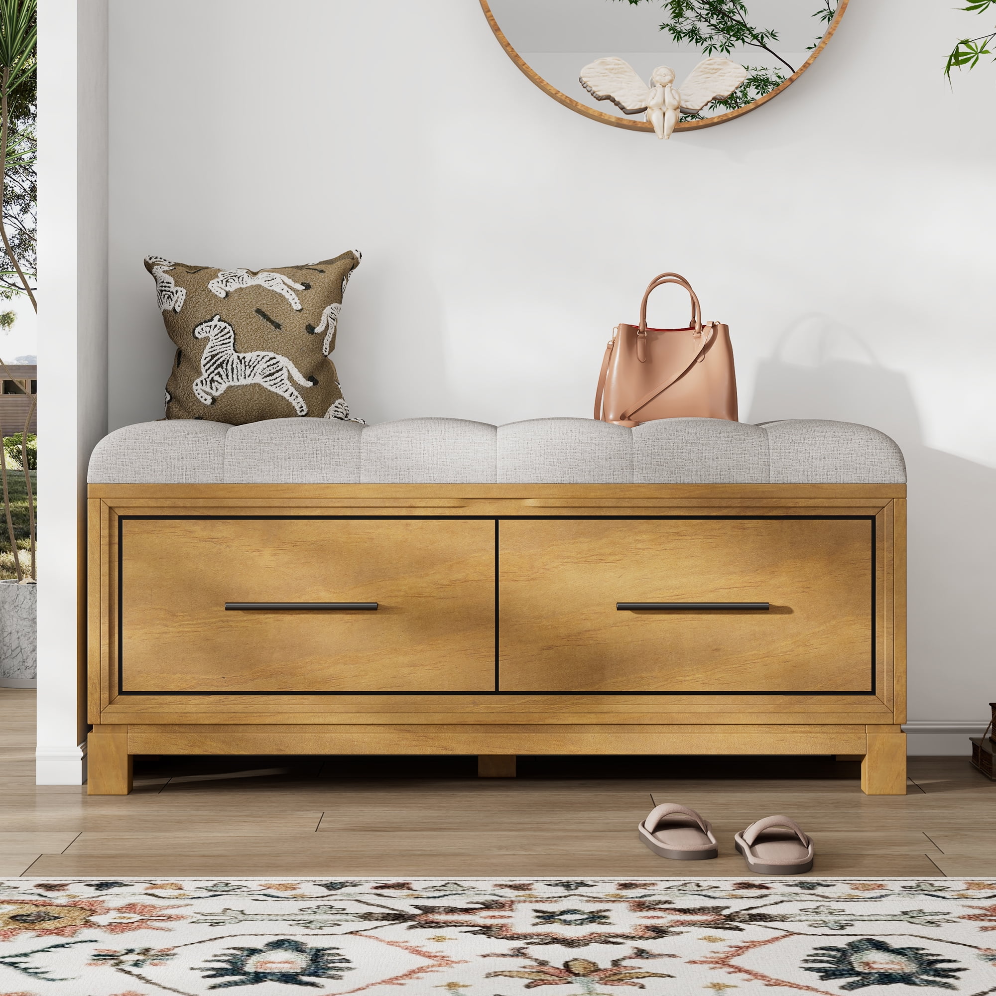 Upholstered Storage Bench, Shoe Bench with 2 Drawers & Removable ...