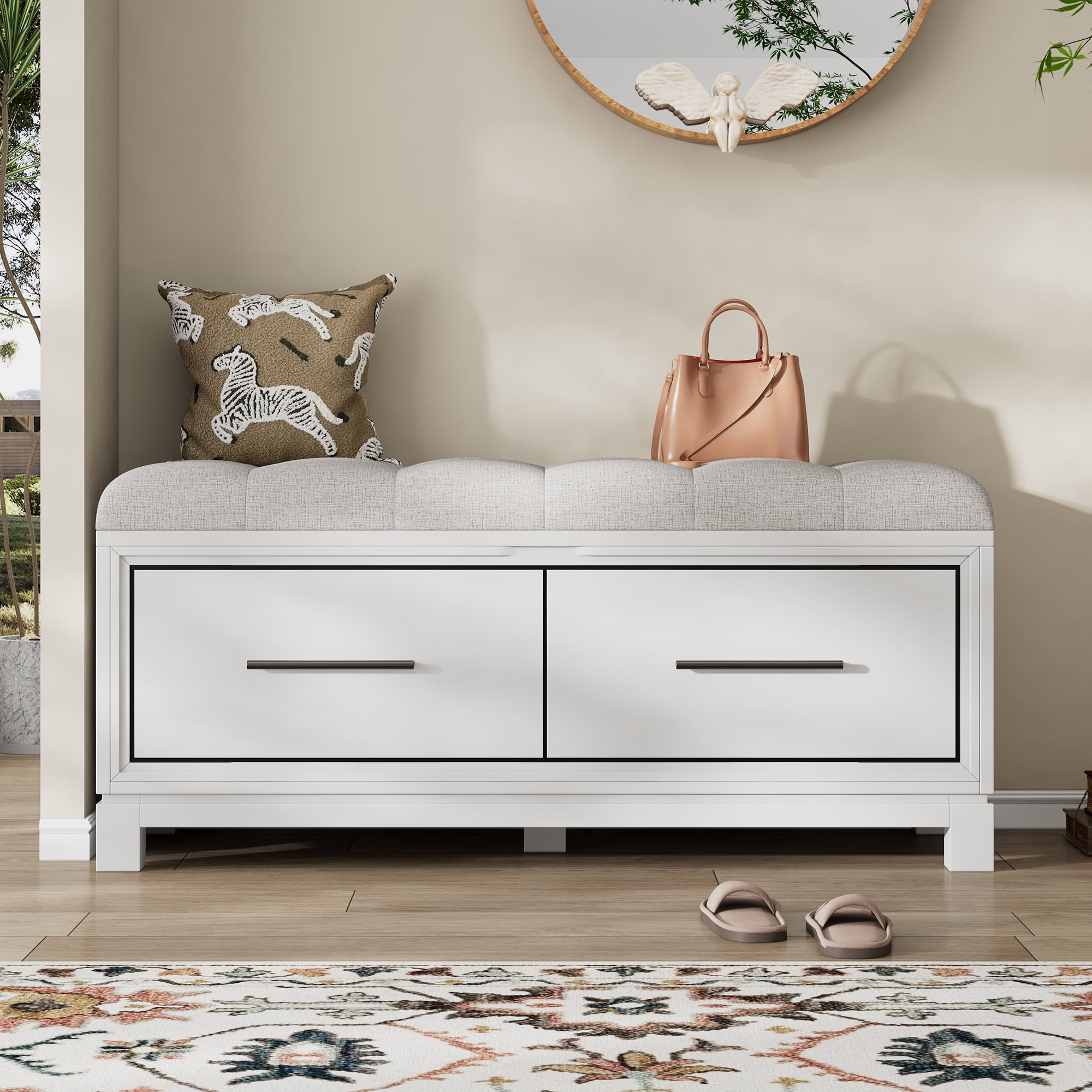 Upholstered Storage Bench, Shoe Bench with 2 Drawers & Removable ...
