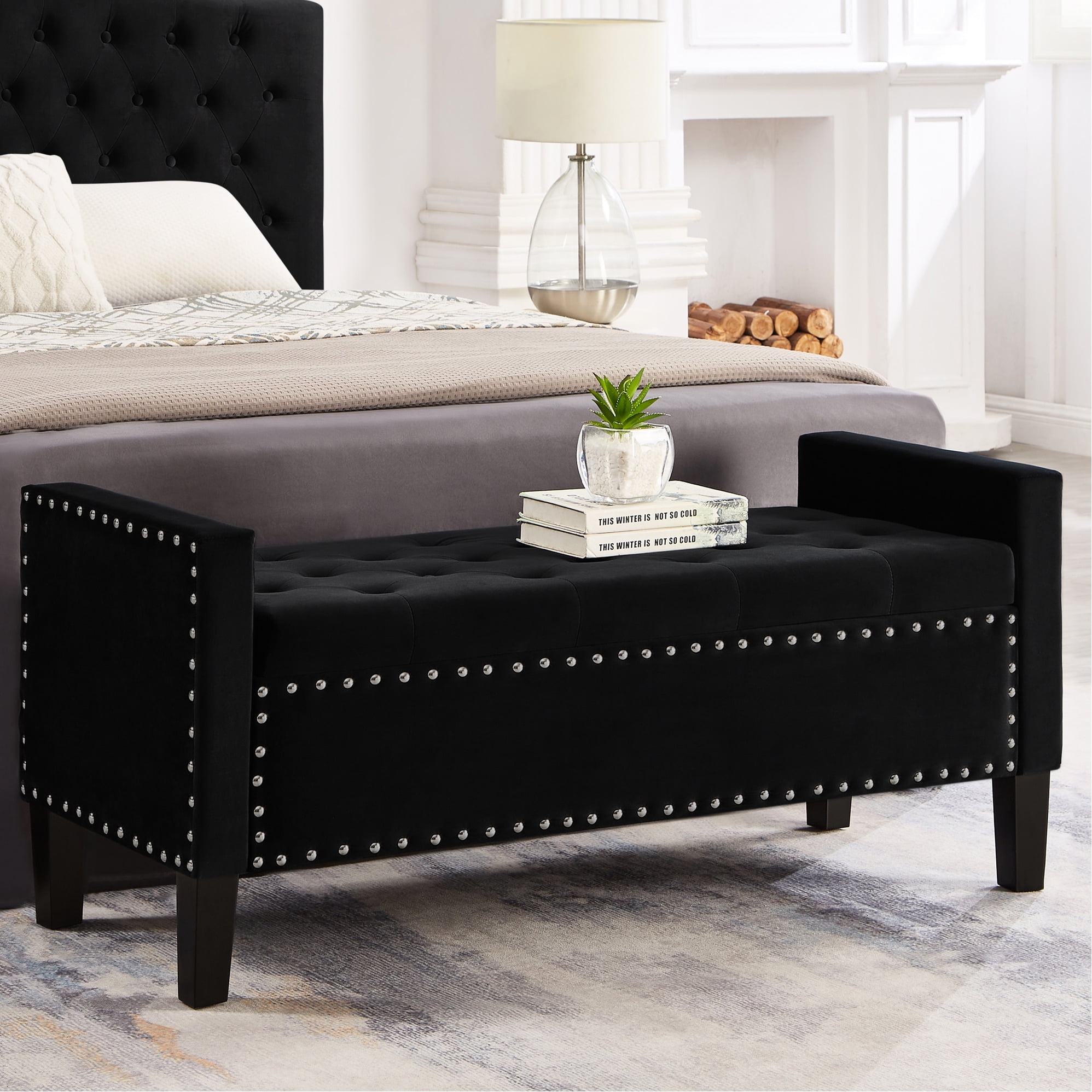 Upholstered Storage Bench With Armrest - Black Velvet Seat, Solid Wood ...